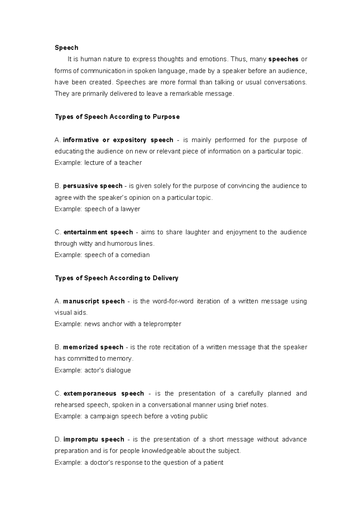 Types of Speeches: Informative, Persuasive, and Entertaining - Studocu