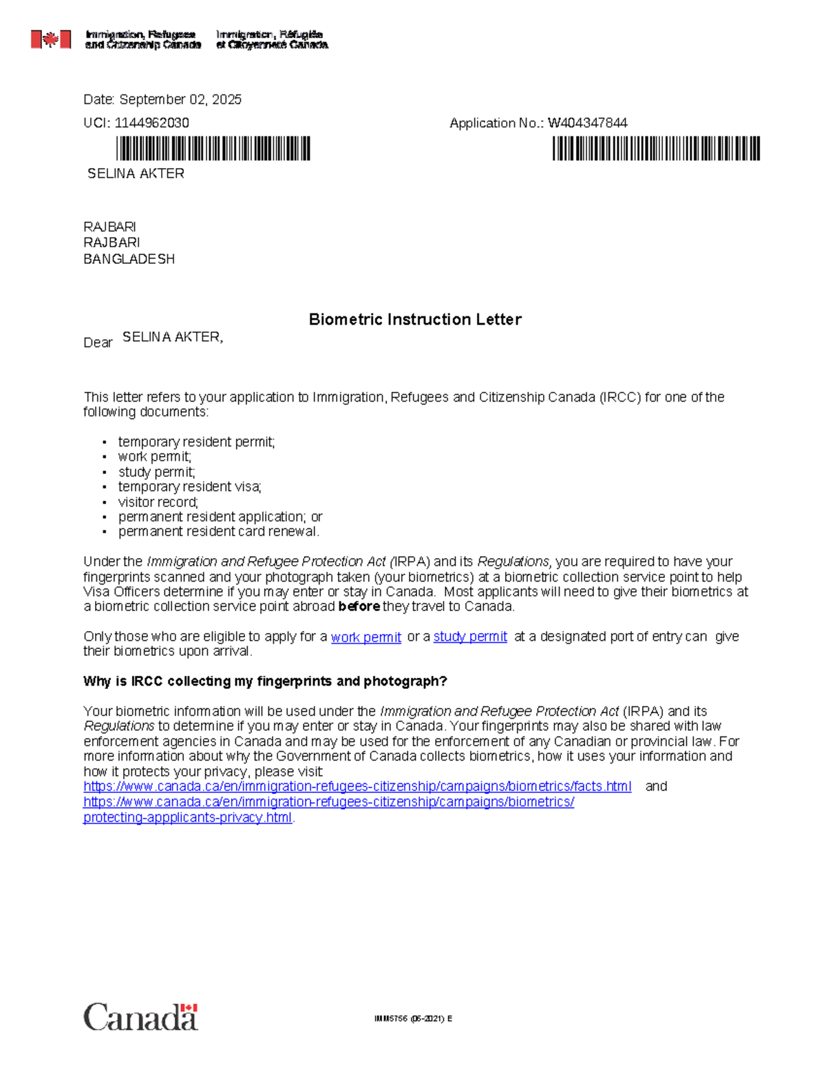 Biometric Instruction Letter for Visa Application - Selina Akter - Studocu