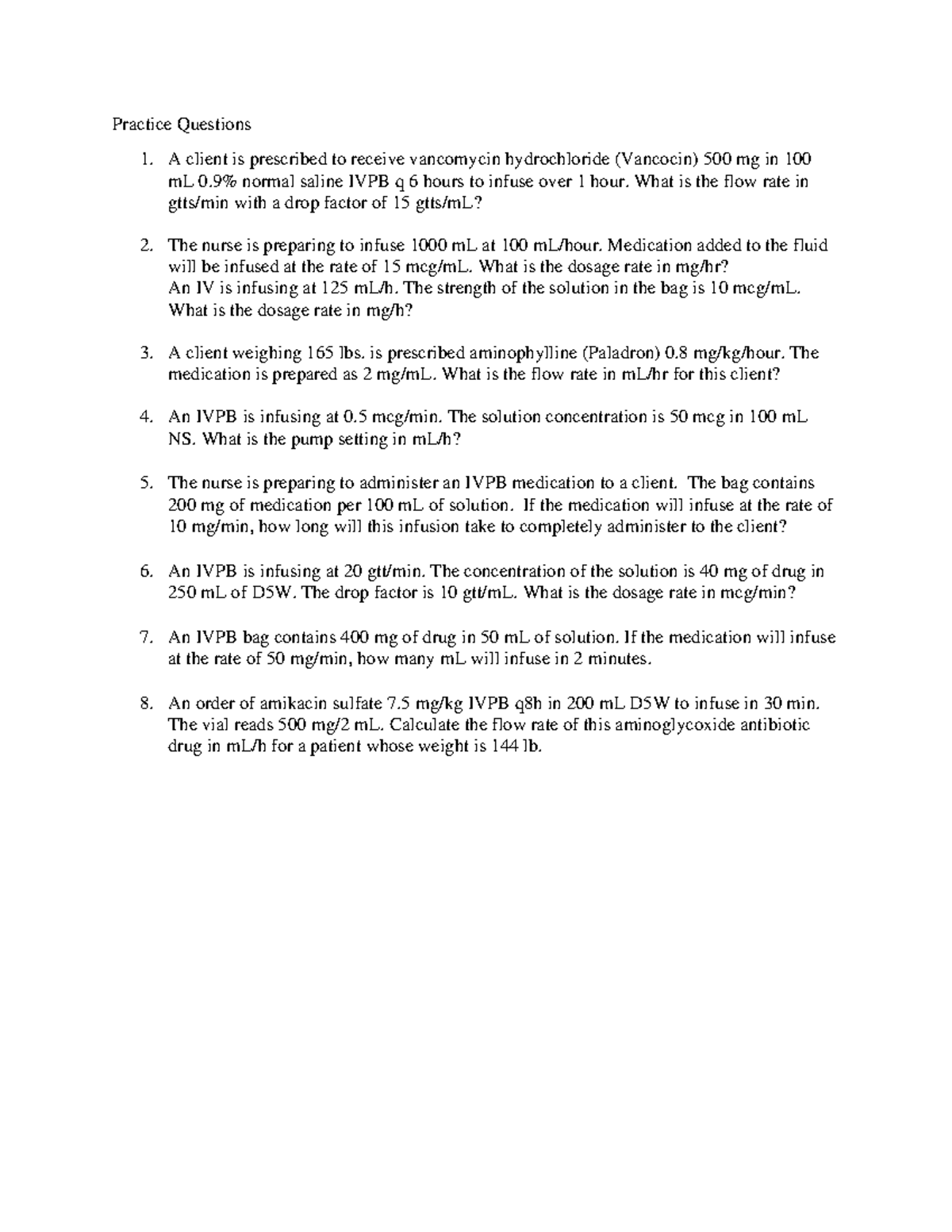 IVPB Practice Questions for Medication Dosage Calculations - Studocu