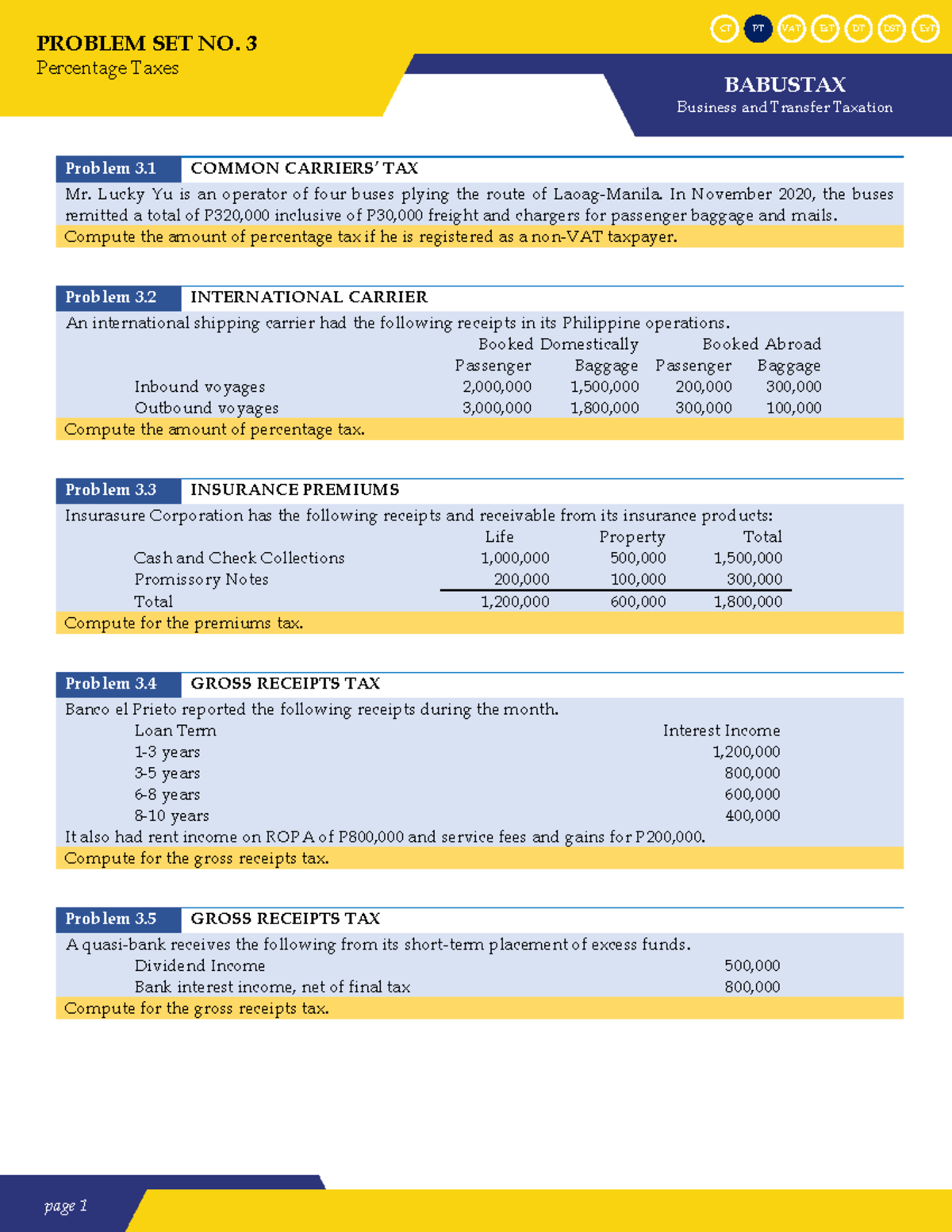 Problem Set 3: Percentage Taxes in Business & Transfer Taxation ...