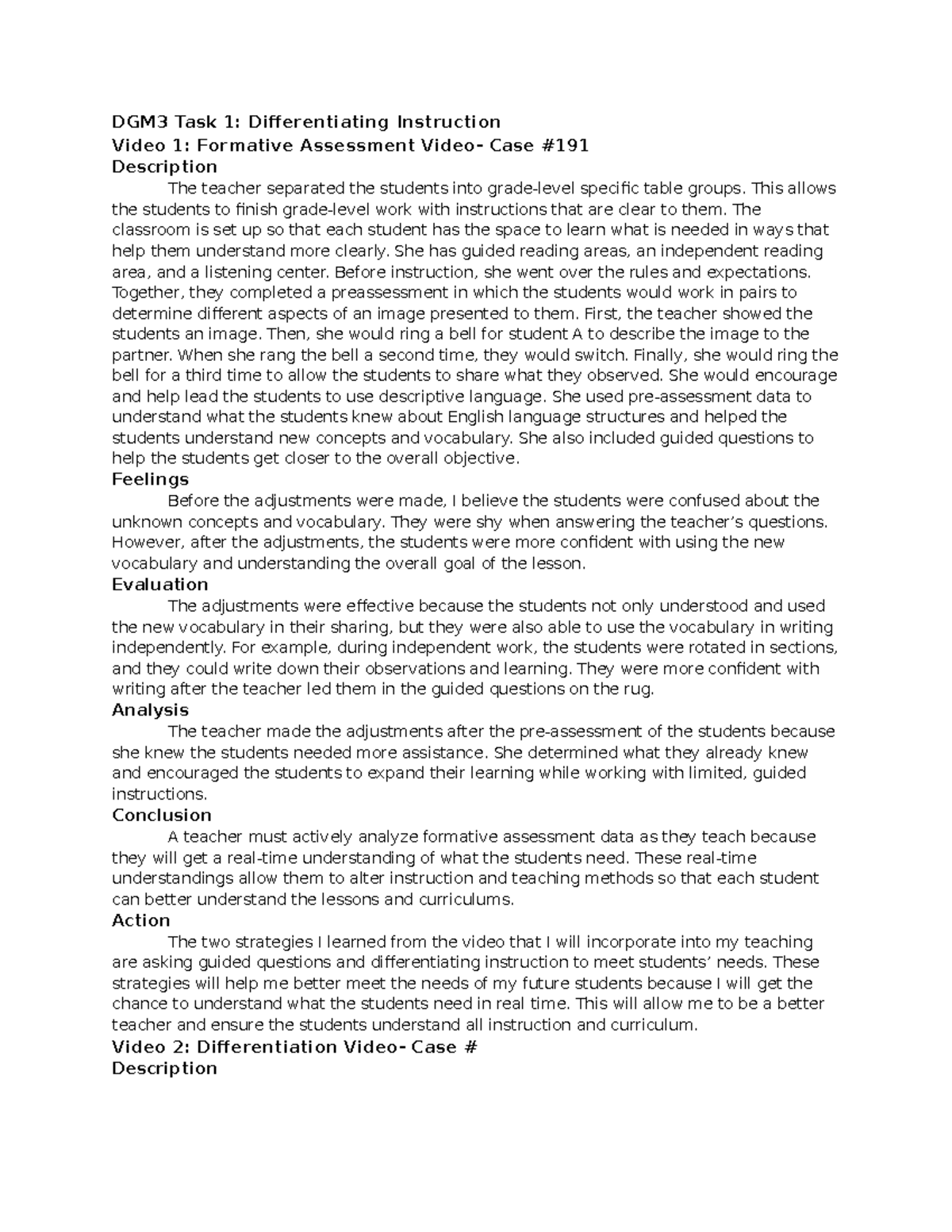 DGM3 Task 1: Differentiating Instruction & Formative Assessment ...