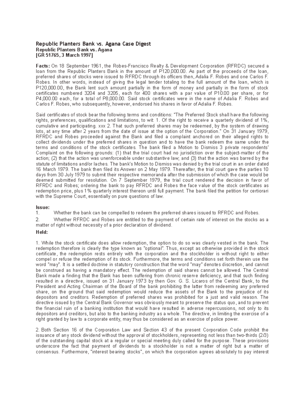 Republic Planters Bank vs. Agana Case Digest [GR 51765, March 1997 ...