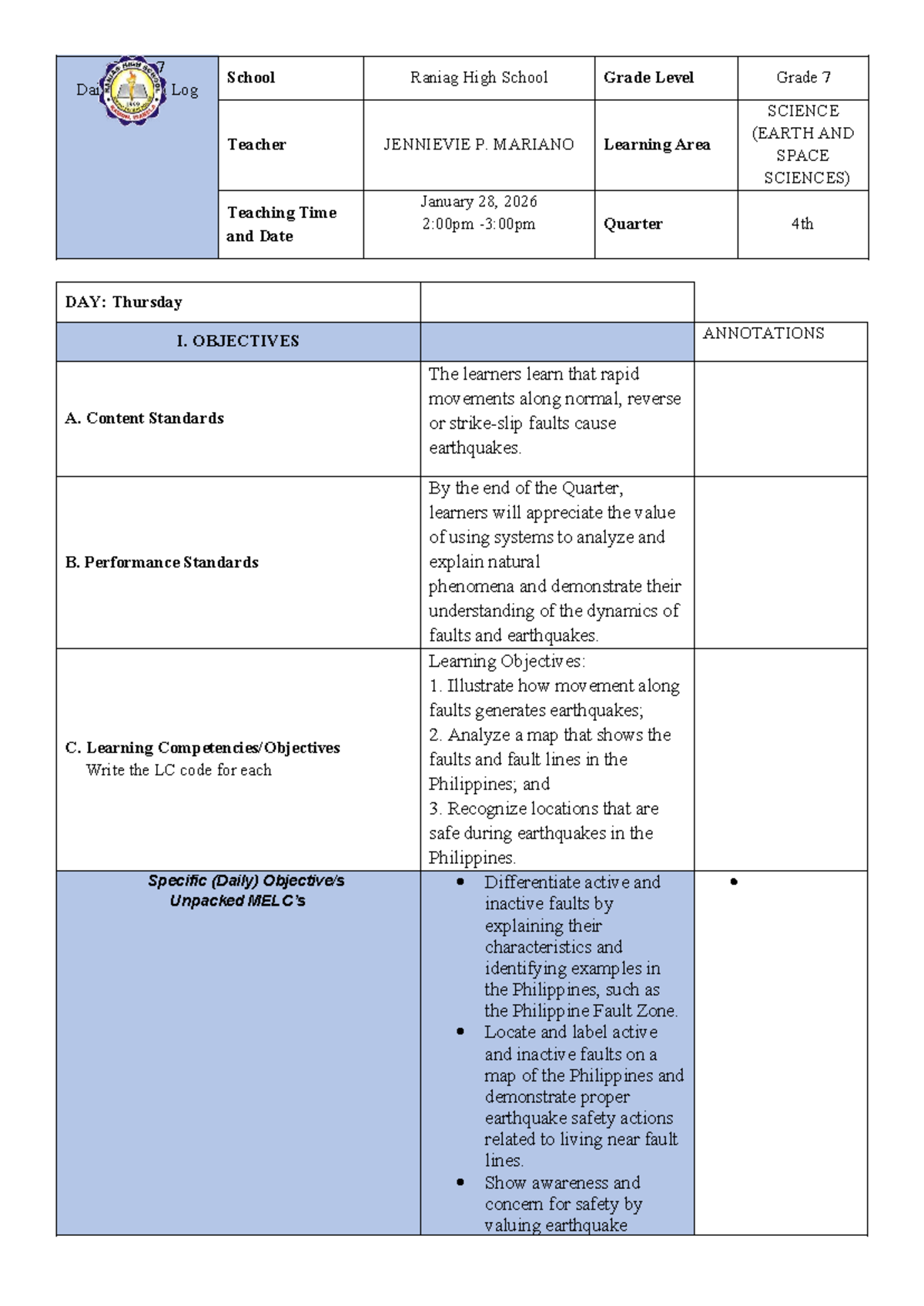 Grade 7 DLL: Active and Inactive Faults in Earth Science - Studocu