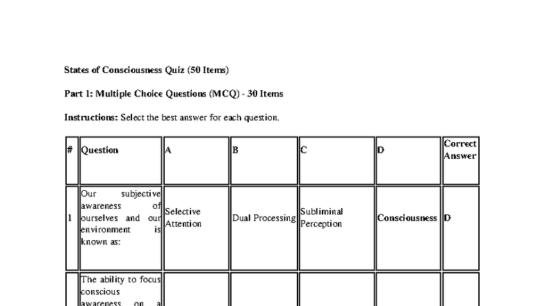 States of Consciousness Quiz - Question A B C D Correct Answer 1 Our ...