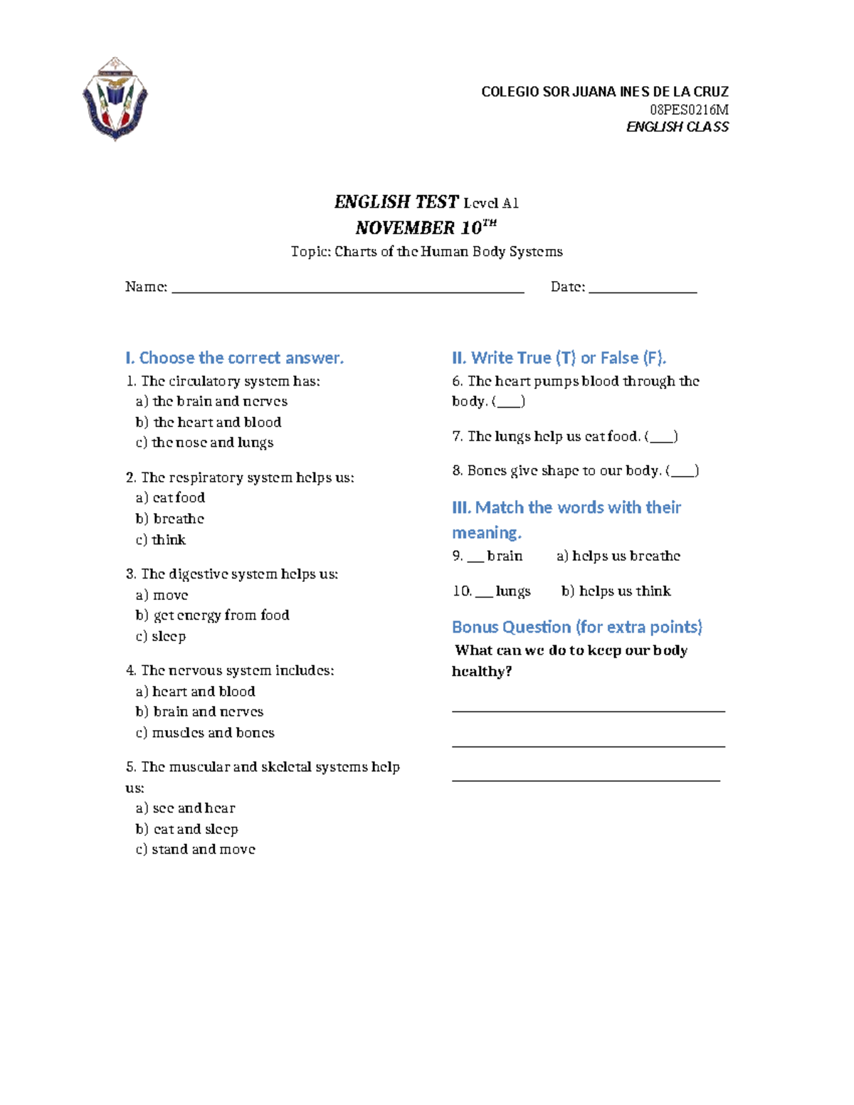 08PES0216M English Test Level A1 - Human Body Systems Charts - Studocu