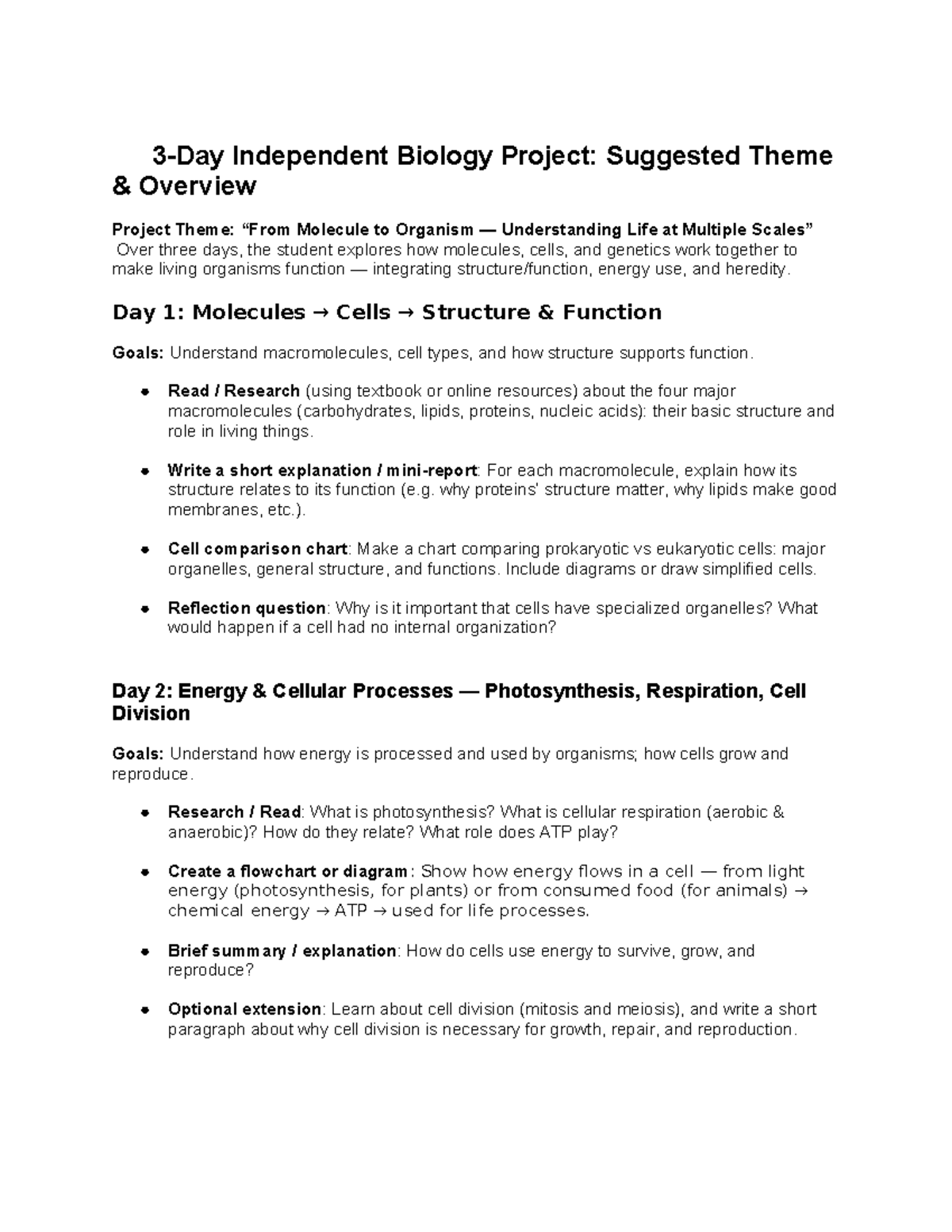 Independent Biology Project: Molecules to Organisms Overview - Studocu