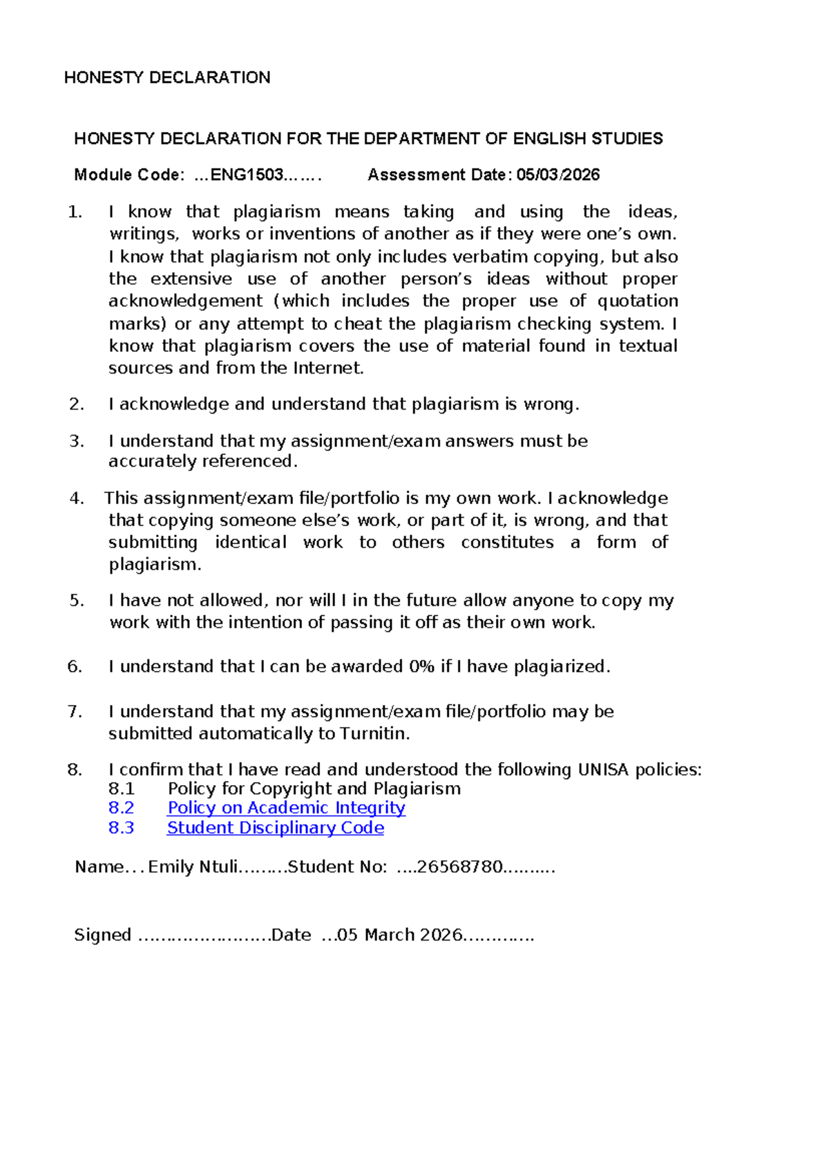 HONESTY DECLARATION FOR ENGLISH STUDIES (Module Code: 2026) - Studocu