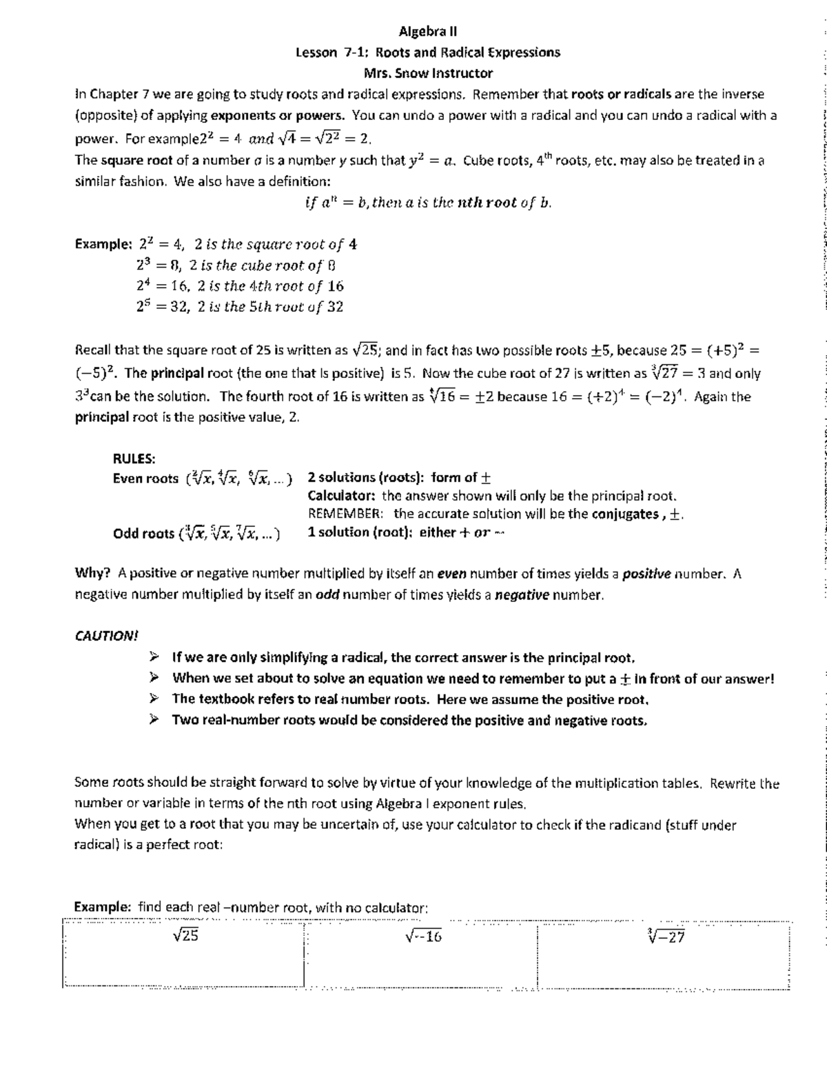 Rad+ratexp+notes - Stas notes - Algebra II Lesson Roots and Radical ...