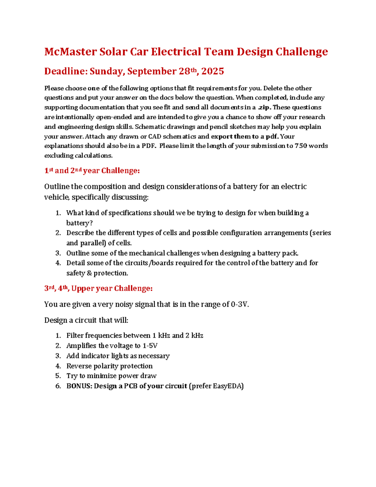 McMaster Solar Car Electrical Design Challenge - Fall 2025 - Studocu