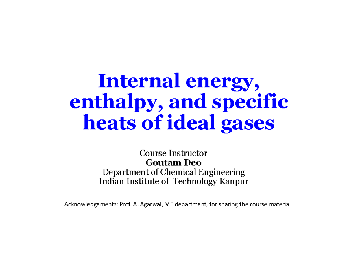 Lecture 13: Internal Energy, Enthalpy, and Specific Heats of Ideal ...