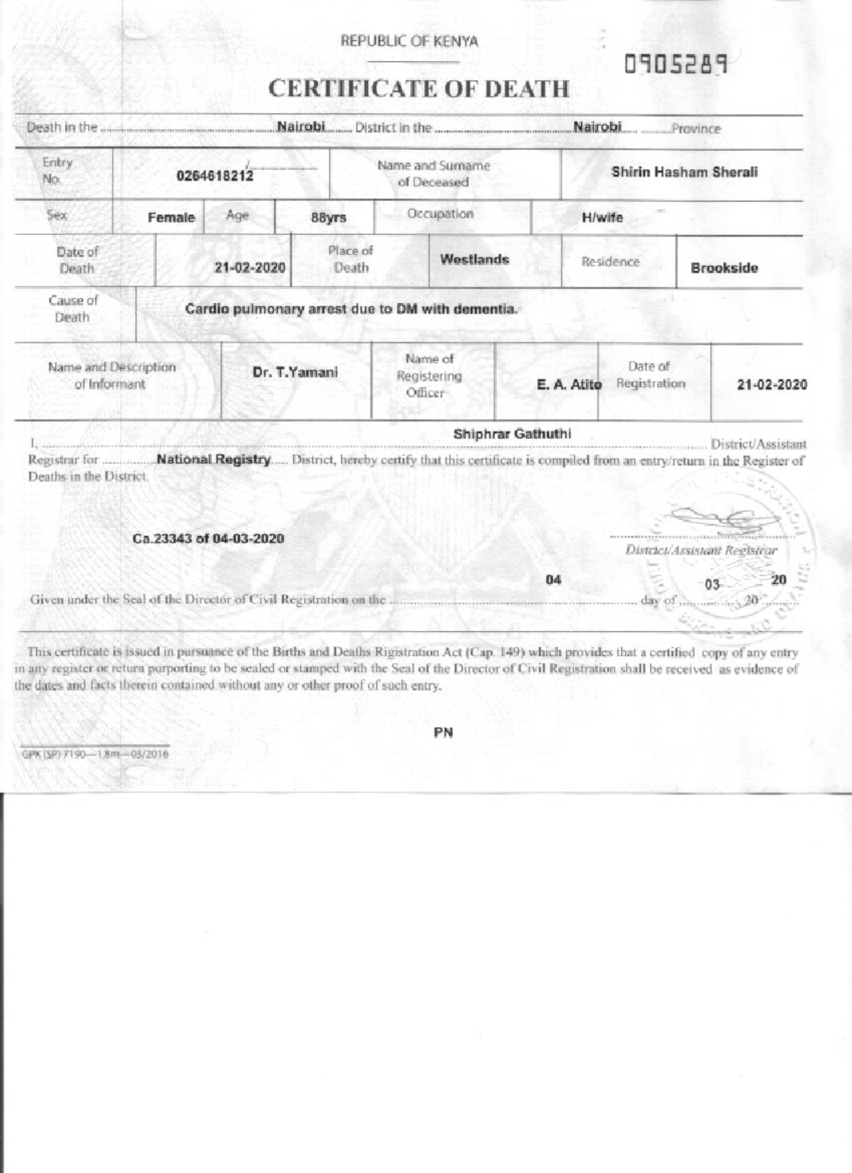 Death Certificate of Shirin Hasham - Kenya 0905289 - Studocu