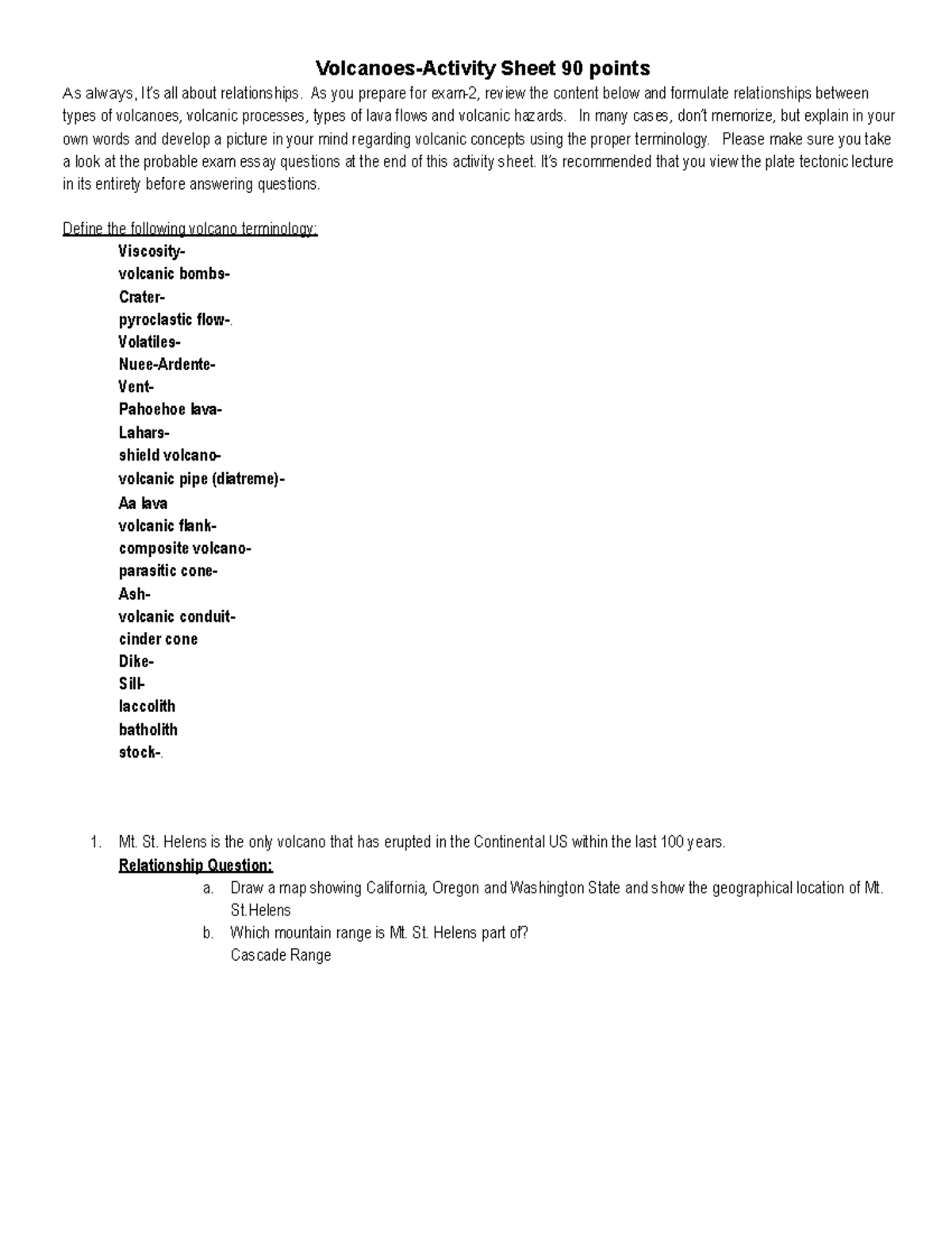 Volcano Activity Study Sheet for Exam-2: Key Concepts & Relationships ...
