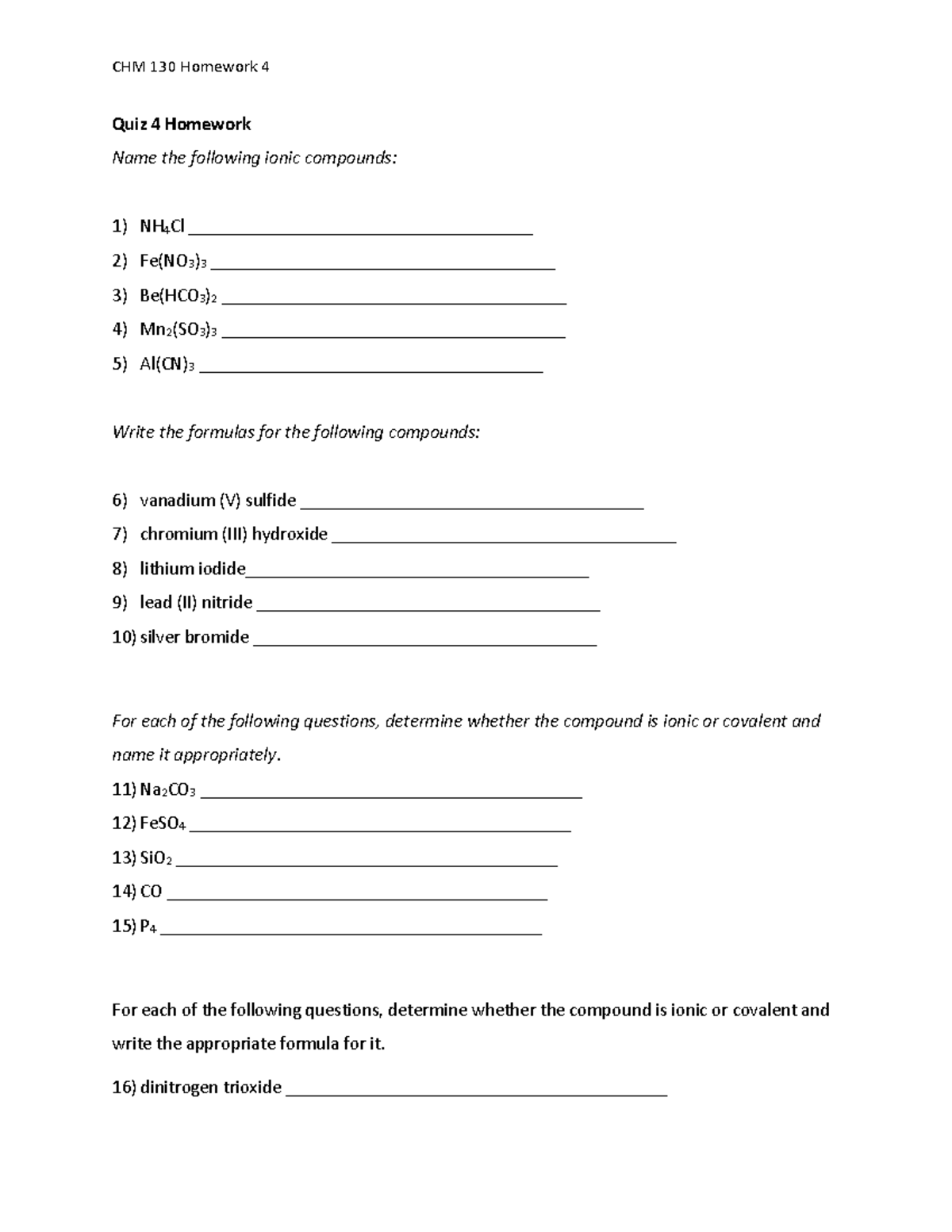 CHM 130 Quiz 4 Homework: Naming & Formulas of Ionic Compounds - Studocu