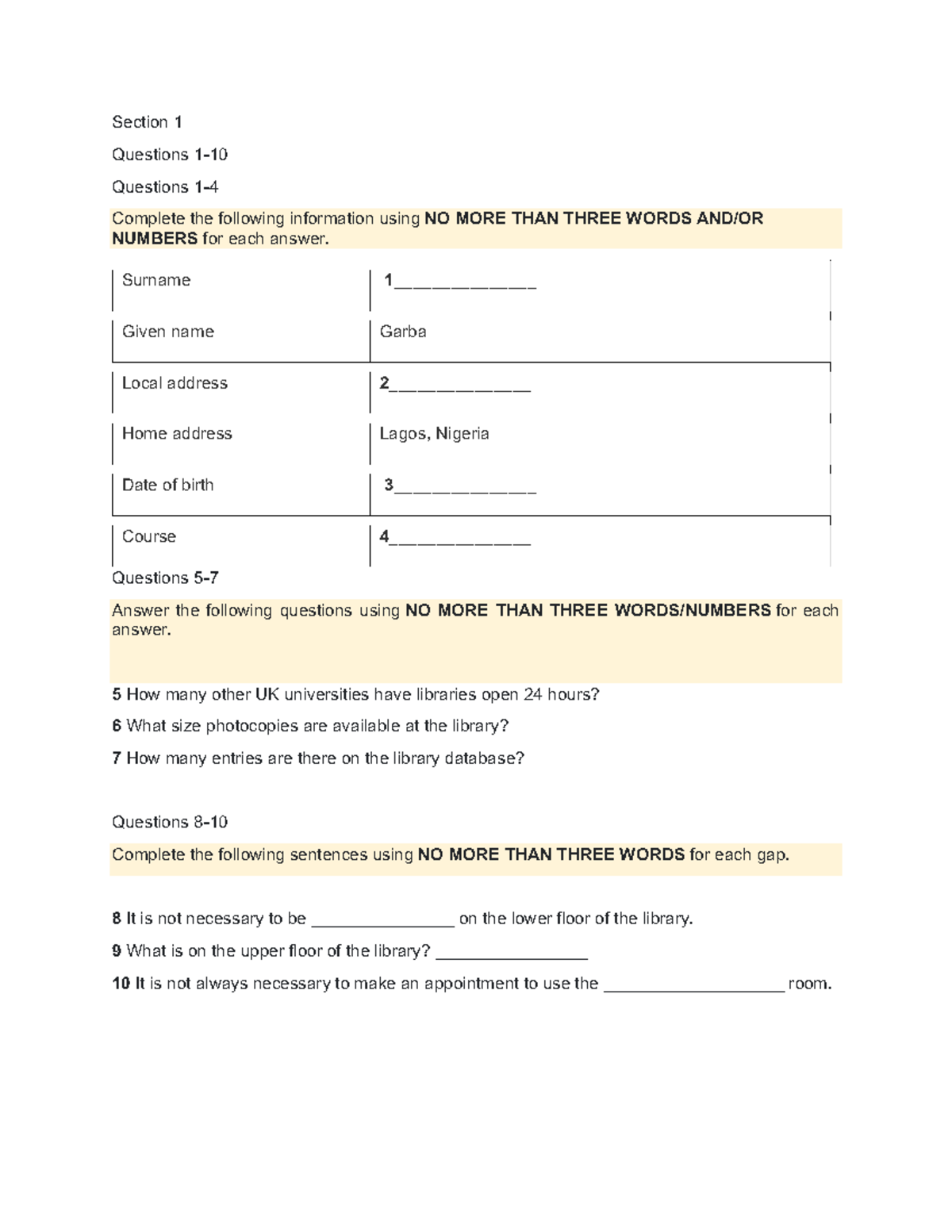 Section 1 & 2 Questions - Garba - Course Info & Library Details - Studocu