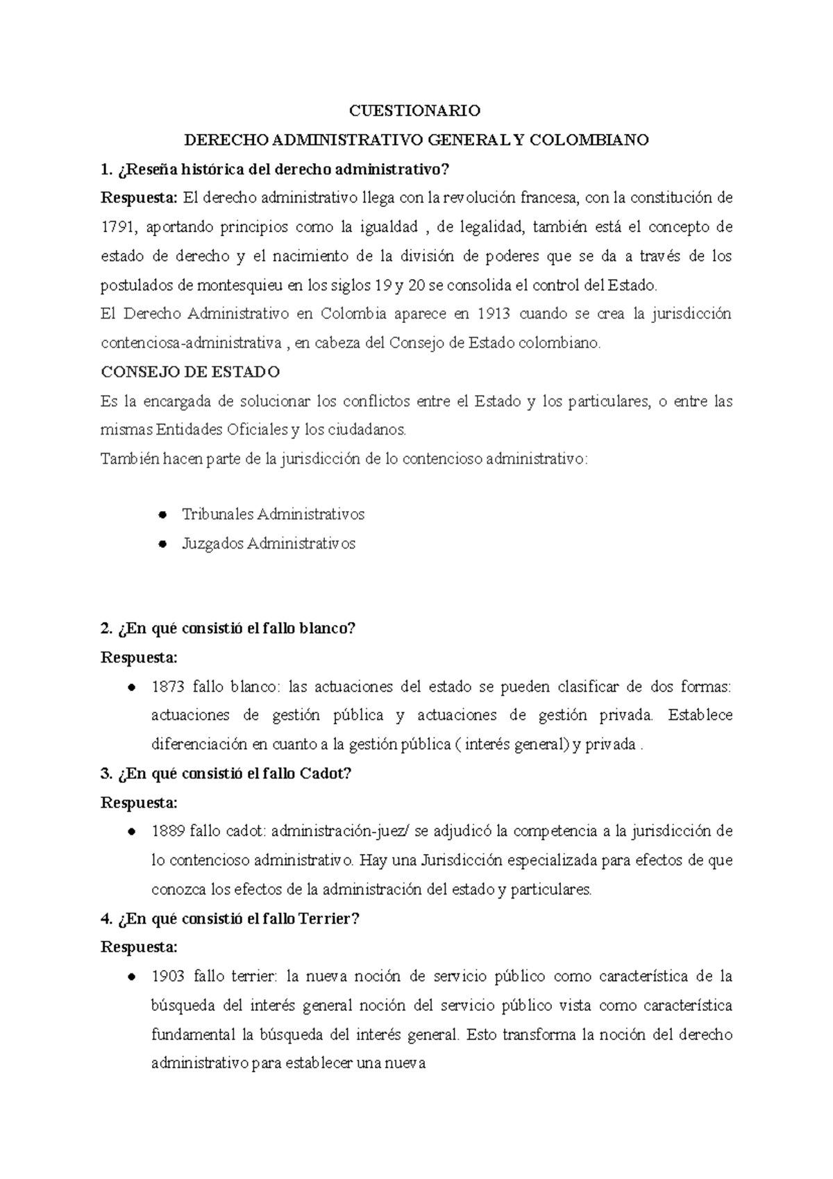 Cuestionario Derecho Administrativo - CUESTIONARIO DERECHO ADMINISTRATIVO GENERAL Y COLOMBIANO 1 ...