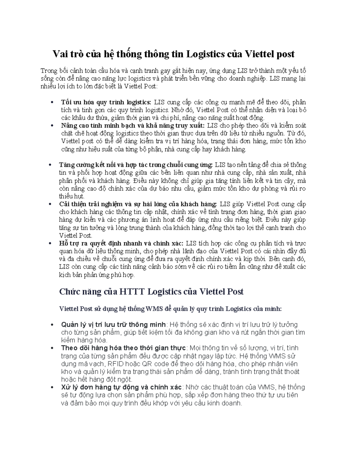 Vai trò của Hệ thống Thông tin Logistics (HTTT LOG) tại Viettel Post - Studocu