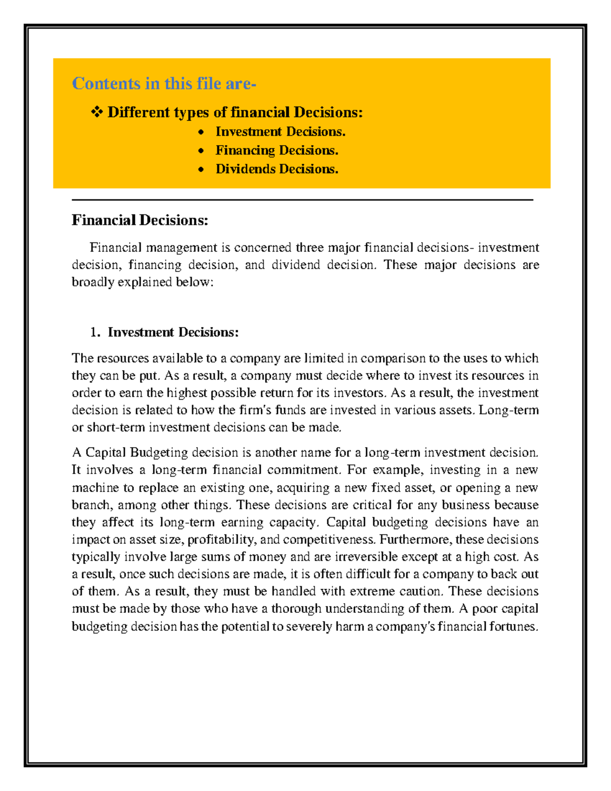 **Three Key Financial Decisions: Investment, Financing, and Dividend ...