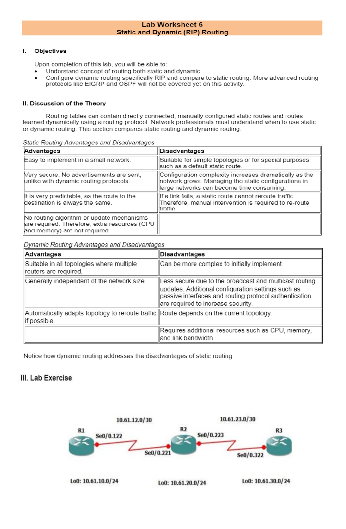 Lab Worksheet 6: Static and Dynamic Routing (RIP) Configurations - Studocu