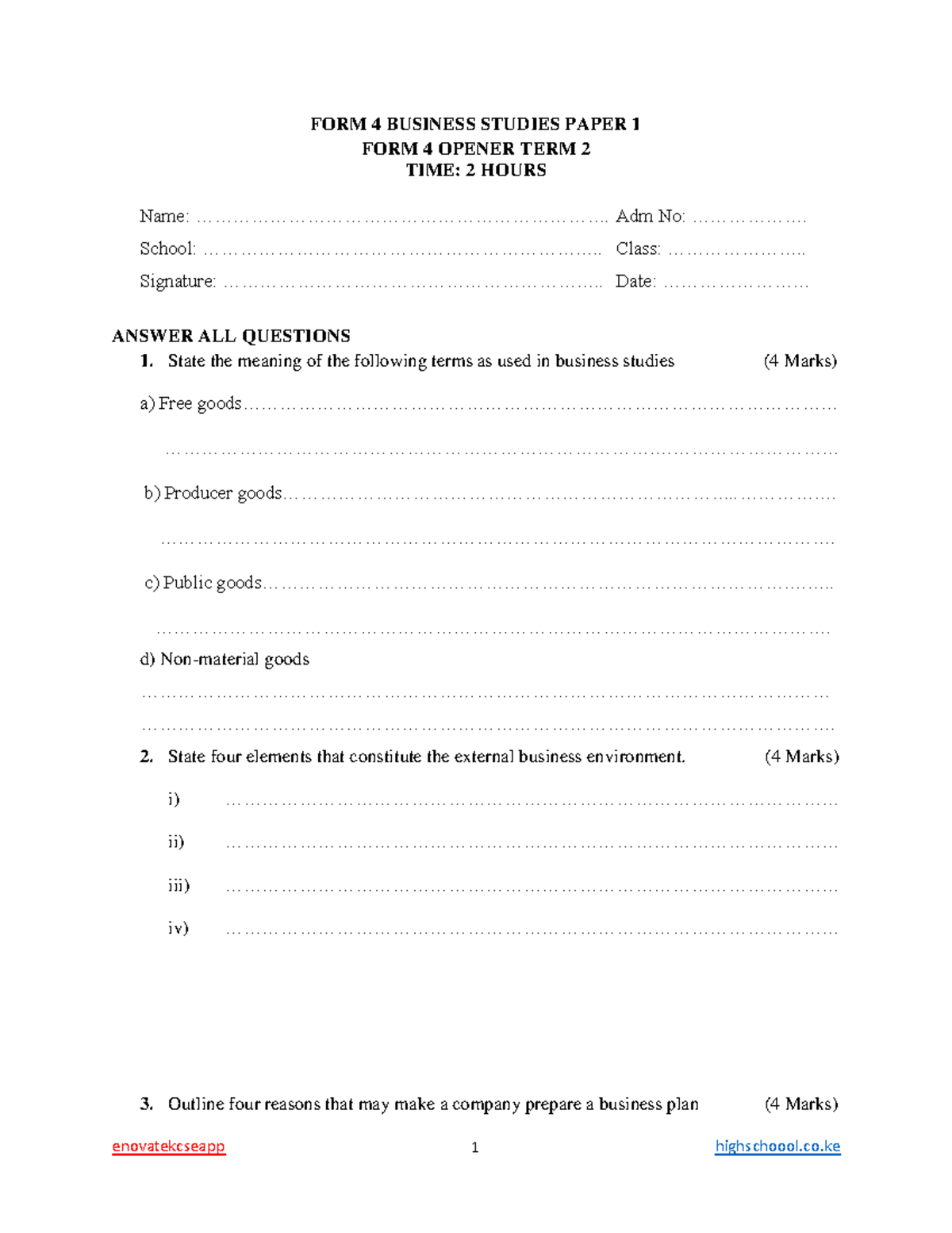 Form 4 Business Studies P1 - Term 2 Question Paper Opener 2023 - Studocu
