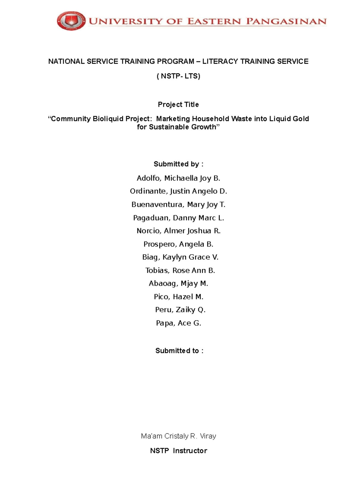 NSTP Final Project Proposal: Community Bioliquid Initiative for Waste ...