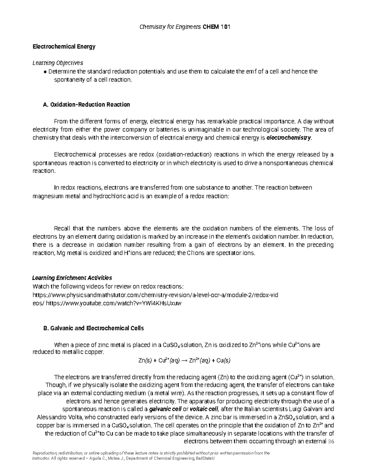 Electrochemical Energy and Redox Reactions - CHEM 101 Lecture Notes ...