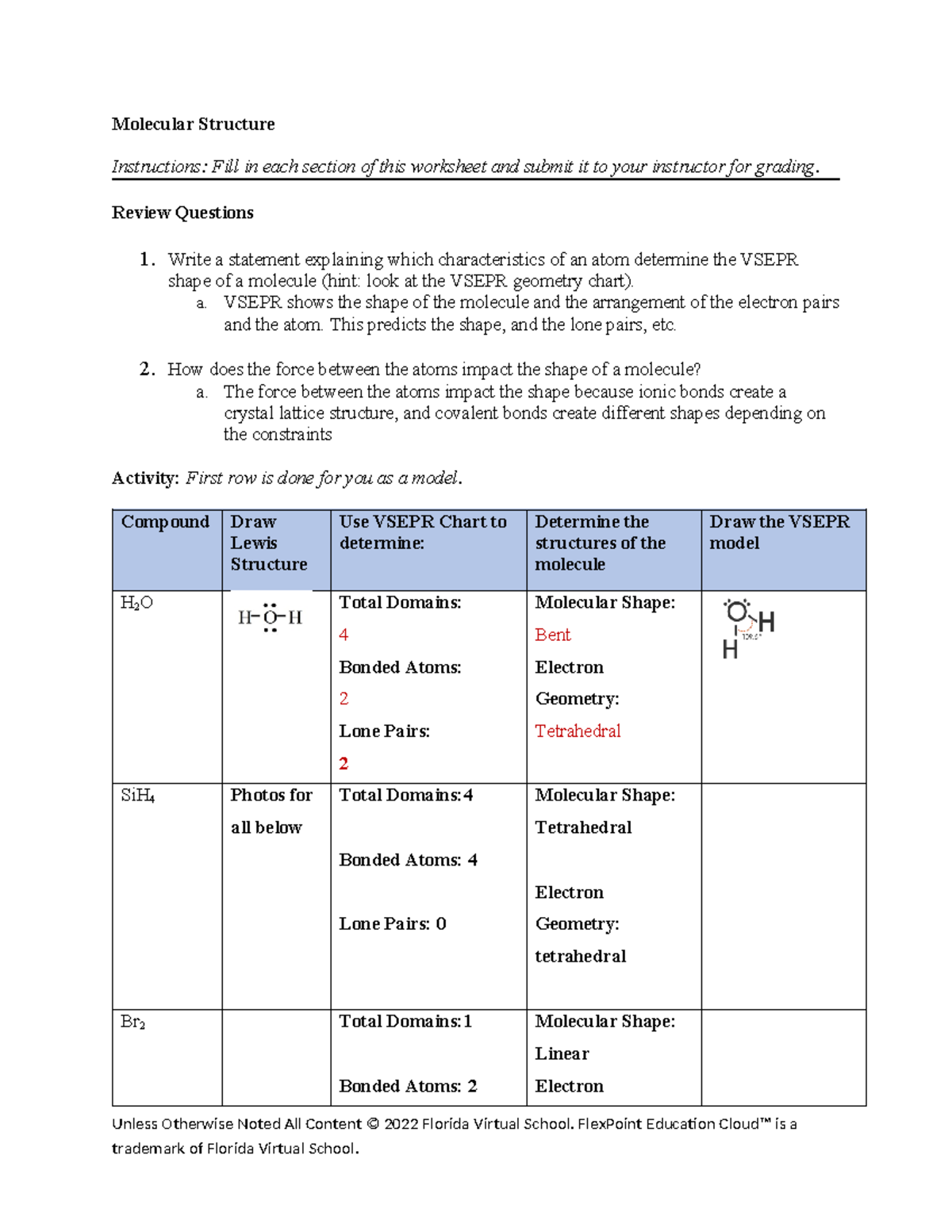 Molecular Structure VSEPR Worksheet - AP Che 101 - Studocu