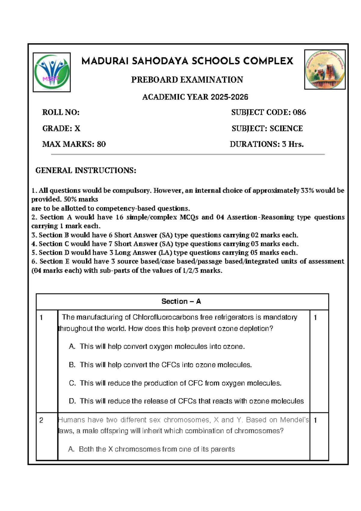 MSSC X Science Preboard Examination Question Paper - Studocu
