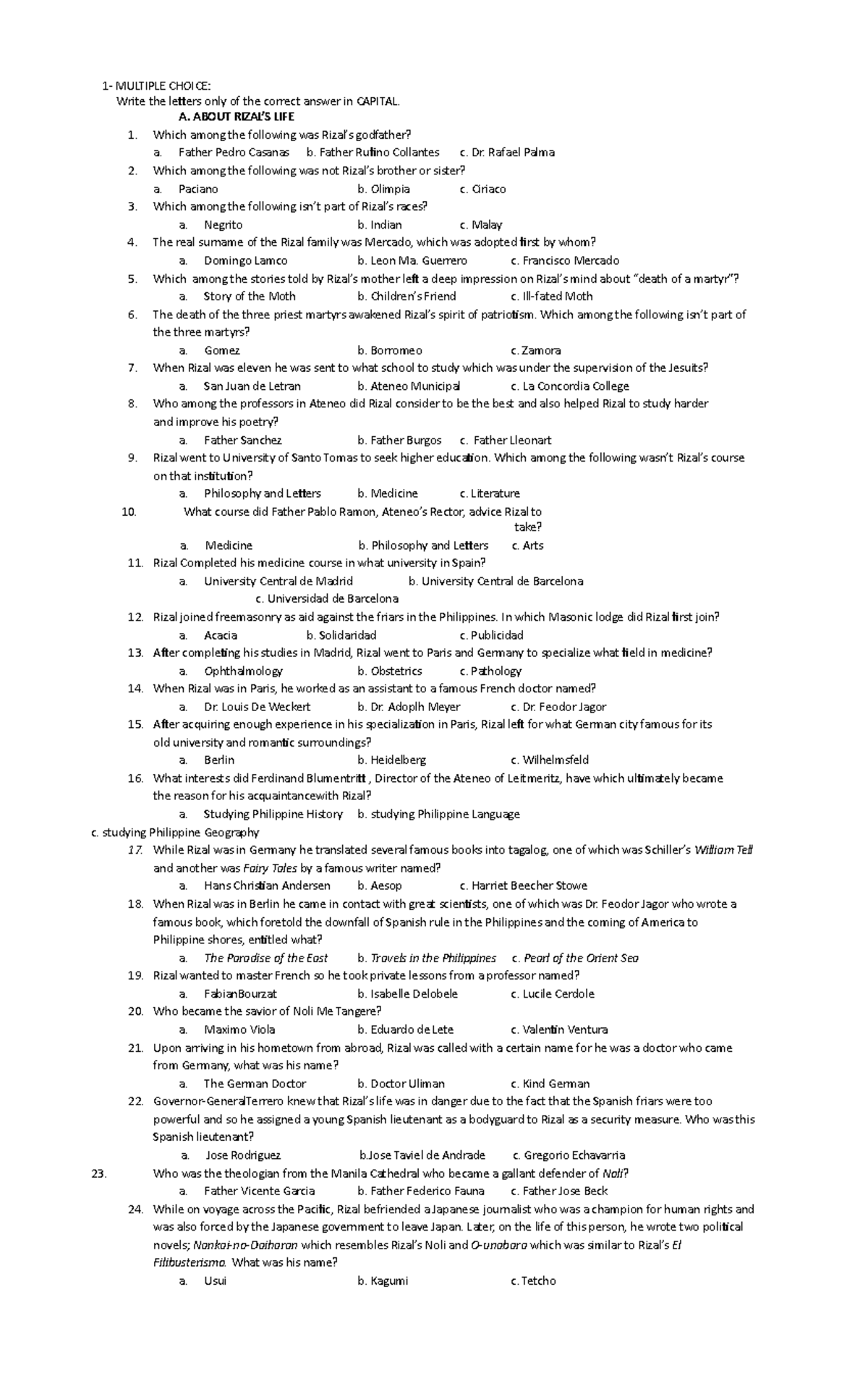 RIZAL 2021 Final Exam Review: Multiple Choice & True/False Questions - Studocu