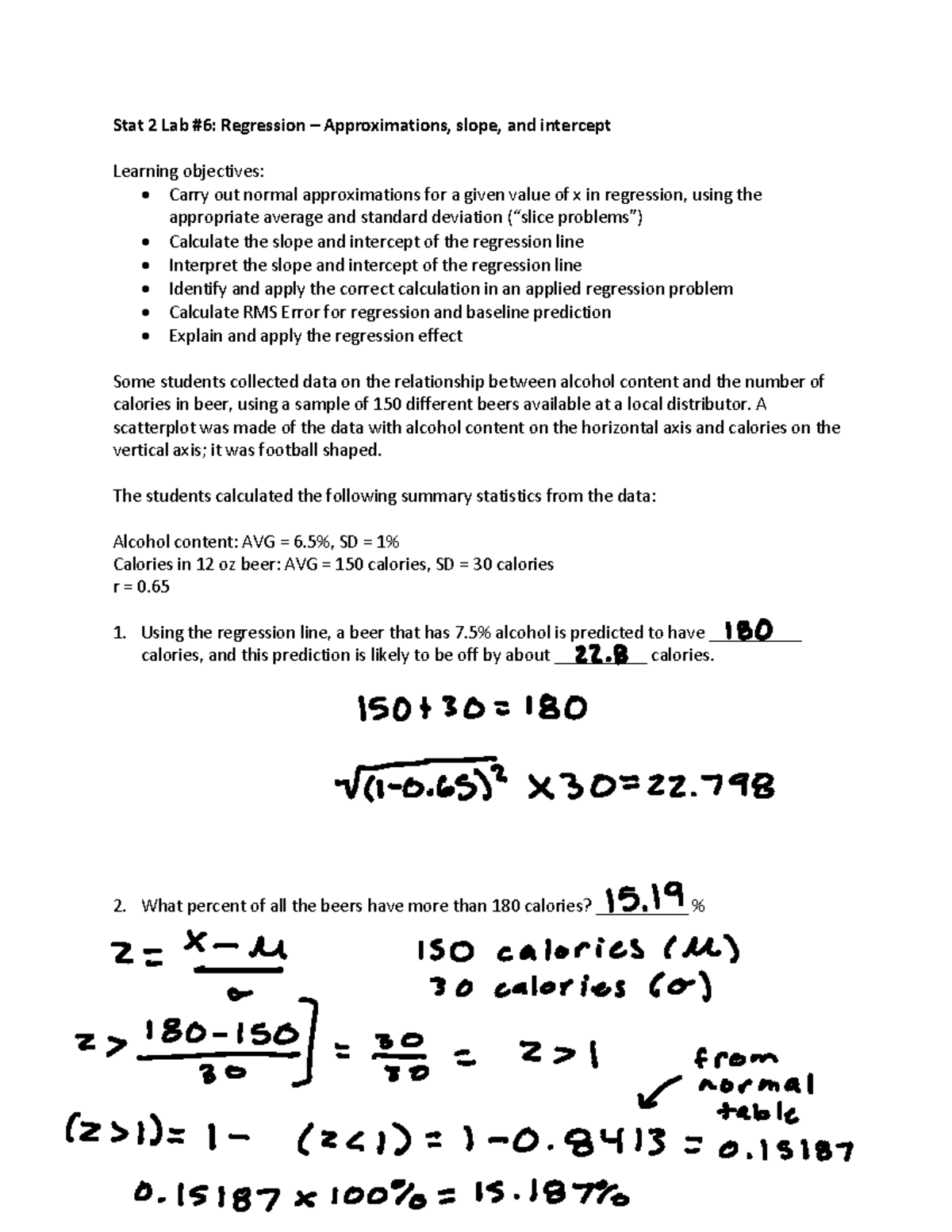 Stat 2 Lab 6 - Regression Analysis and Predictions Assignment - Studocu