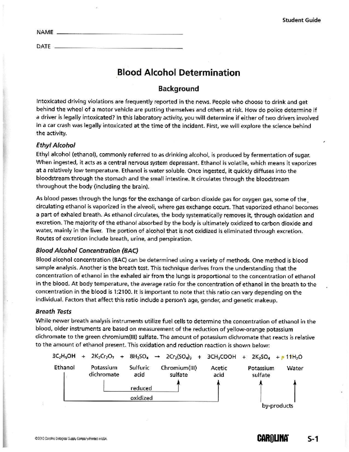 Blood Alcohol Determination Lab-1: Analyzing Intoxication Levels - Studocu