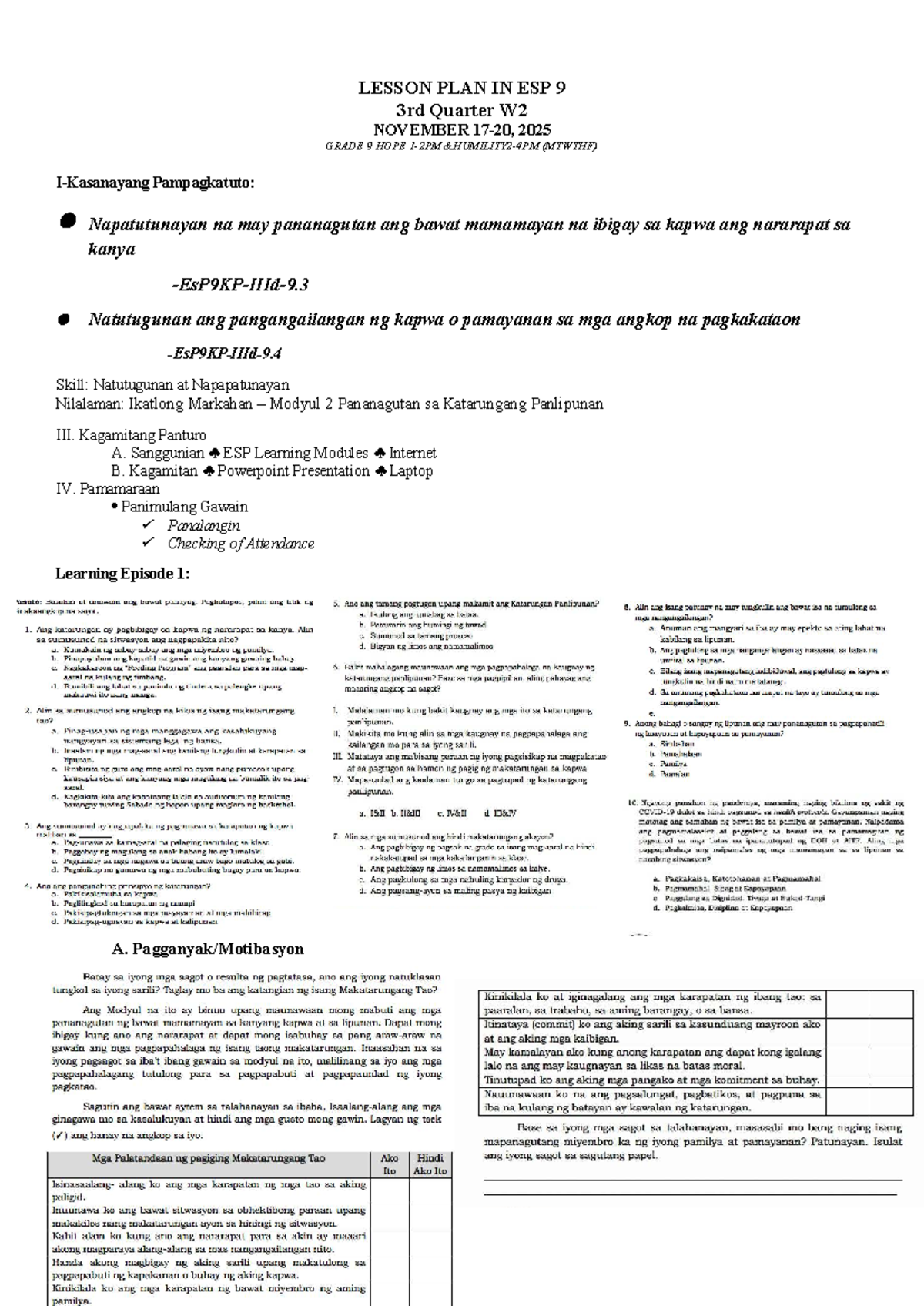 Q3- LESSON PLAN IN ESP 9 W2 NOV 17-21, 2025 GRADE 9 HOPE - Studocu