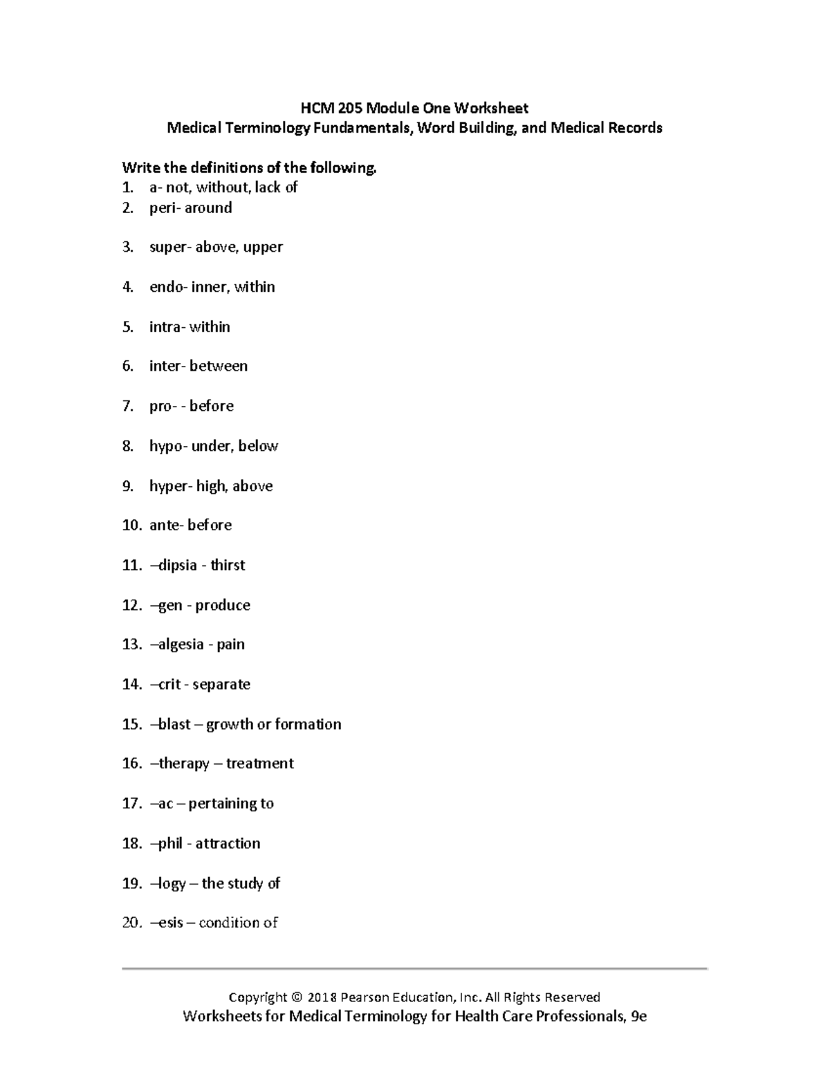 HCM 205 Medical Terminology Module 1 Worksheet and Definitions - Studocu