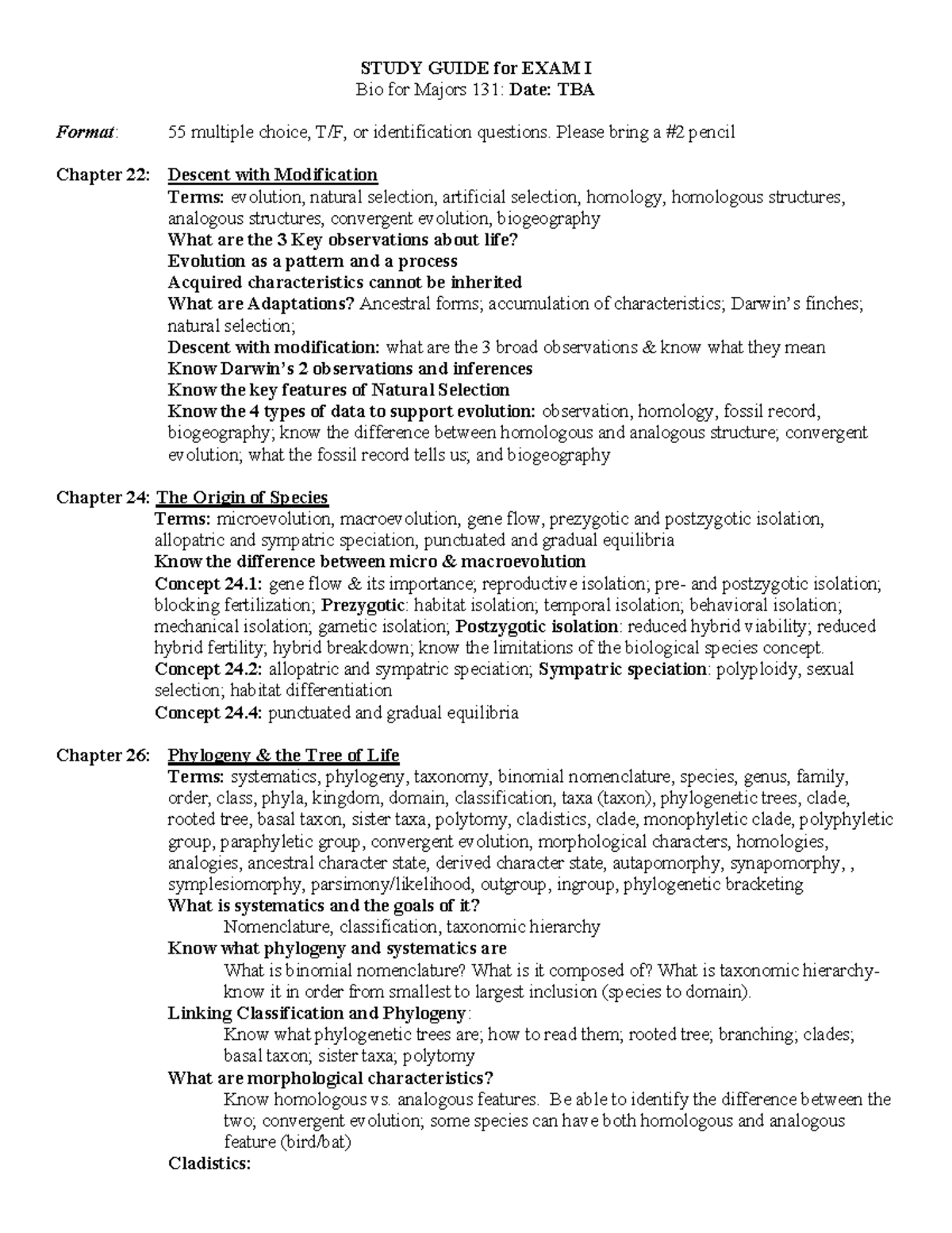 Bio 131 Study Guide for Exam I: Evolution, Speciation & Phylogeny - Studocu