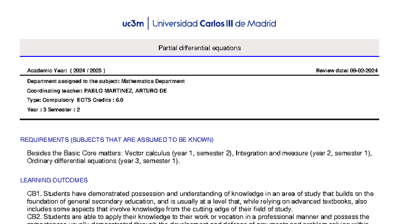 Partial Differential Equations (PDE) - Course Syllabus 2024-2025 - Studocu