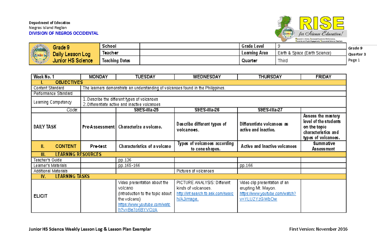Grade 9 Science Daily Lesson Log for Quarter 3 - Volcanoes Topics - Studocu