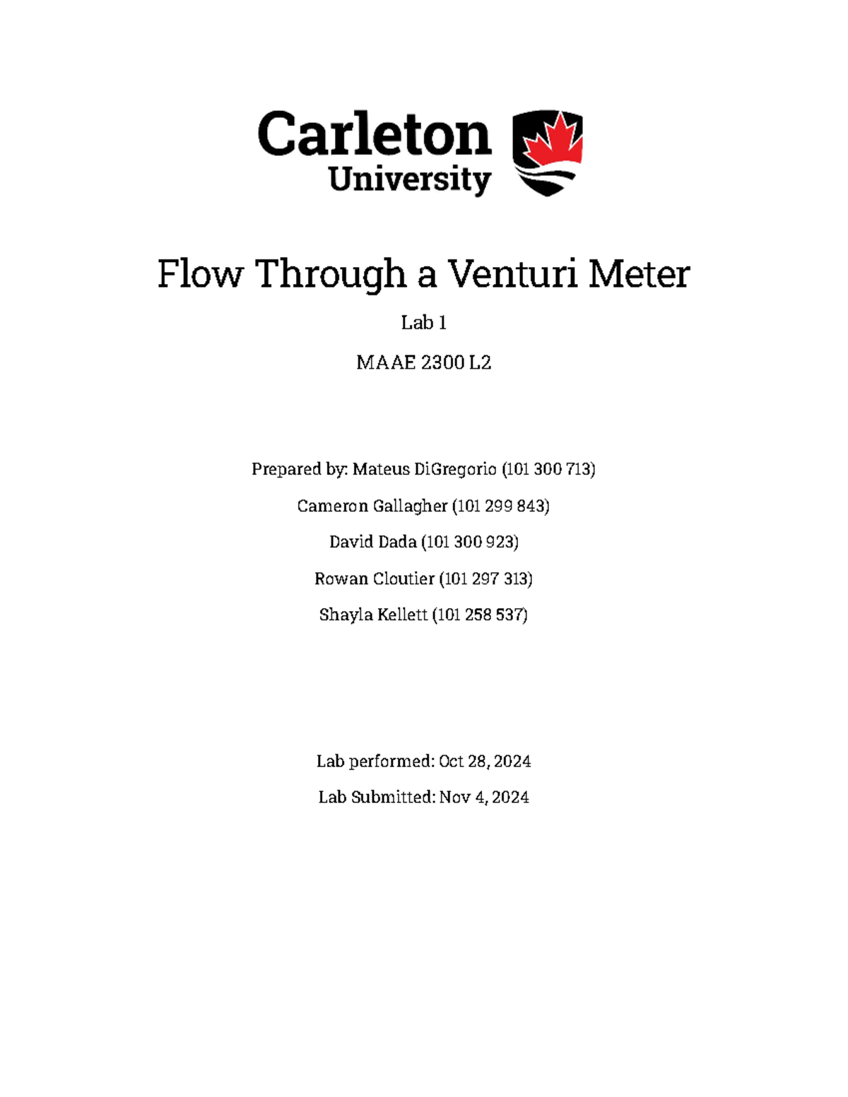 MAAE 2300 L - Lab 1: Flow Through a Venturi Meter Experiment - Studocu