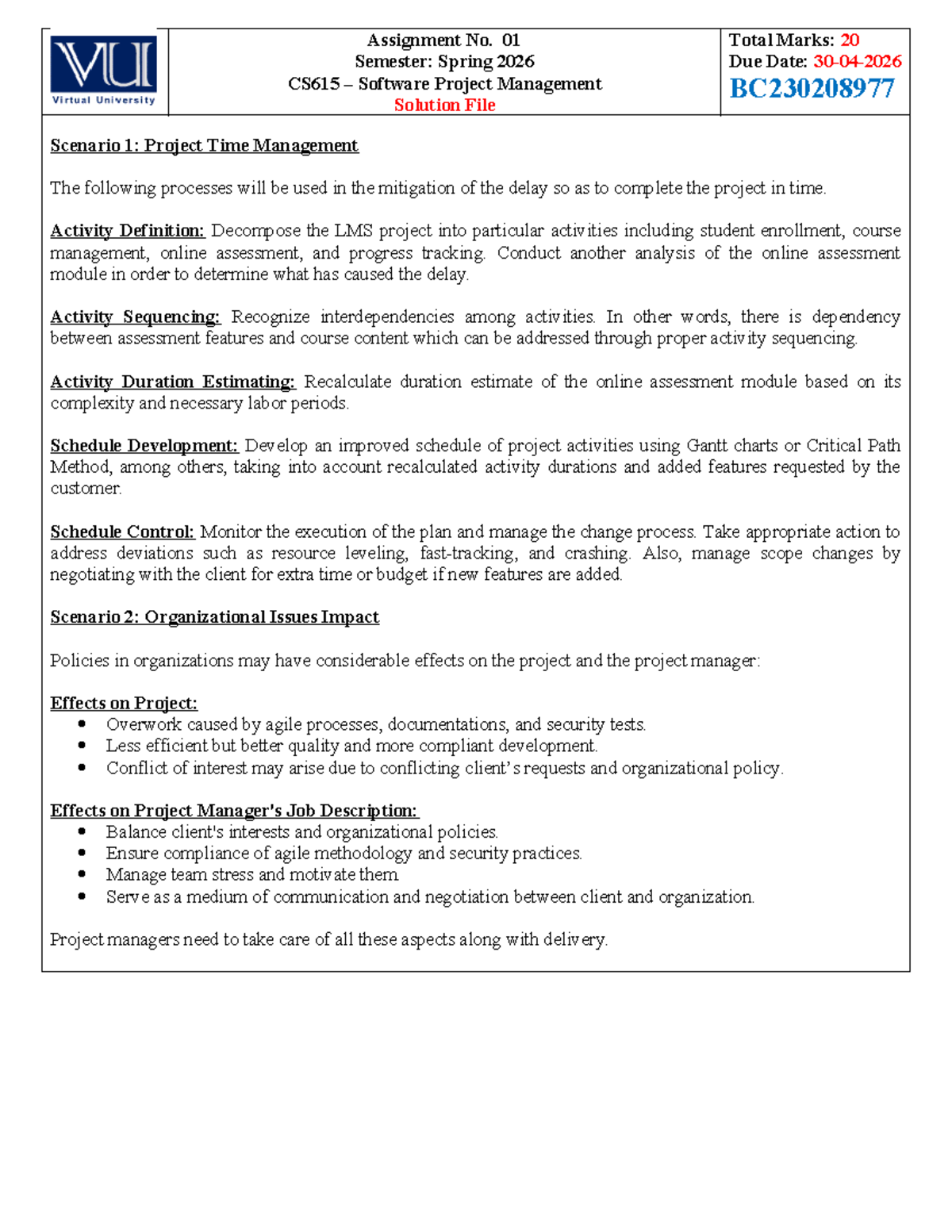 CS615 Spring 2026 Assignment 01: Project Time Management Analysis - Studocu