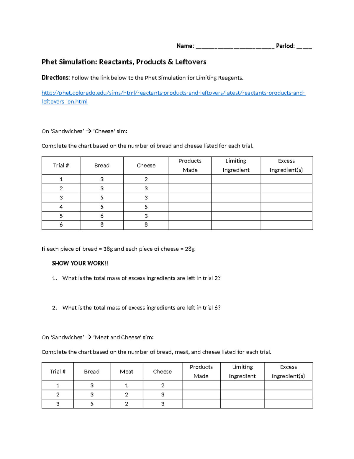 Limiting Reactants Sim Lab Worksheet - Science 101 - Studocu