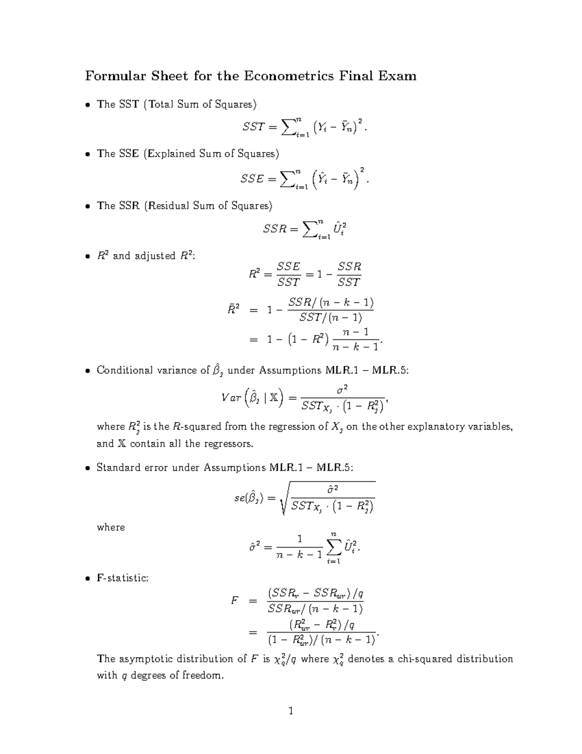 Econometrics Final Exam Formula Sheet: SST, SSE, SSR, and F ...