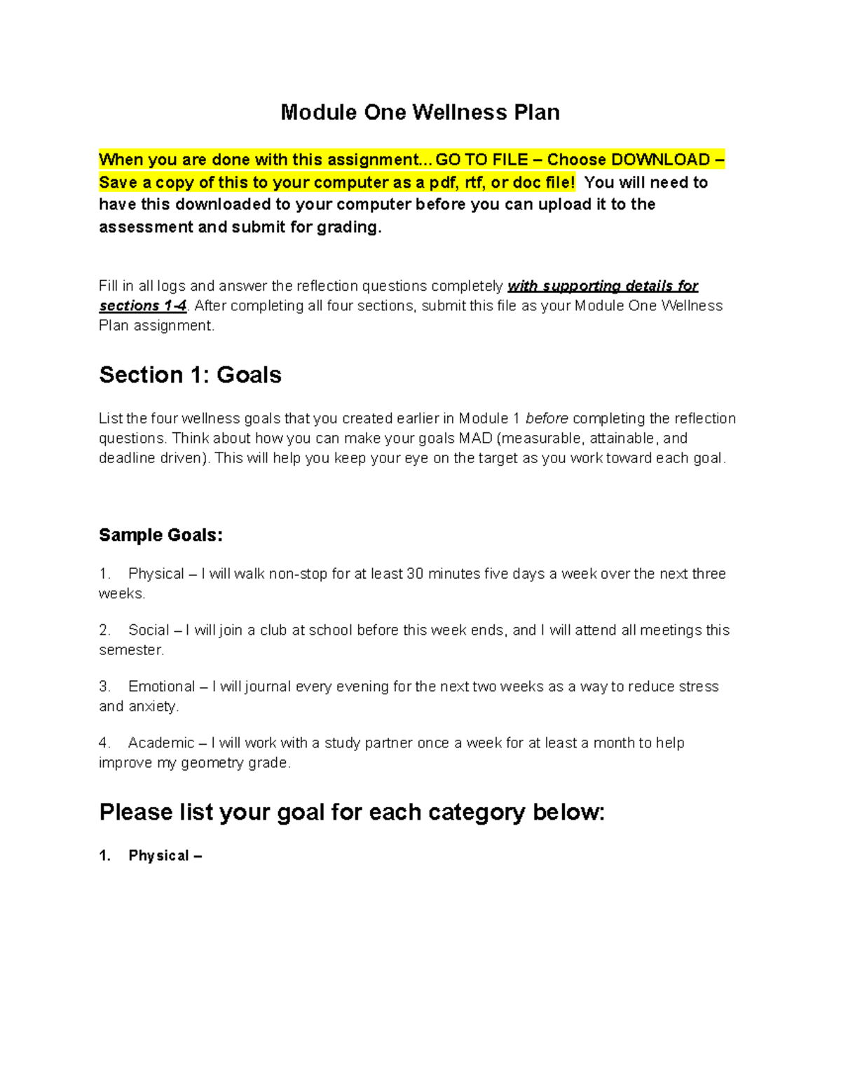 Module One Wellness Plan: Goals, Activities & Reflections - Studocu