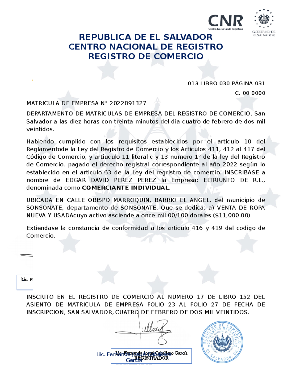 5- Matricula DE Empresa - Comerciante Individual - REPUBLICA DE EL SALVADOR CENTRO NACIONAL DE ...