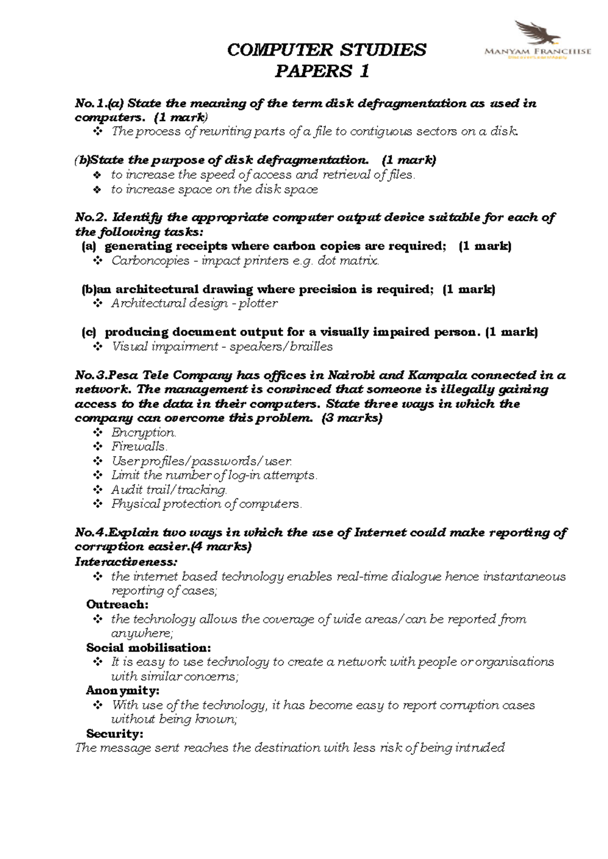 2016 KCSE Computer Studies PP1 Marking Scheme Analysis - Studocu