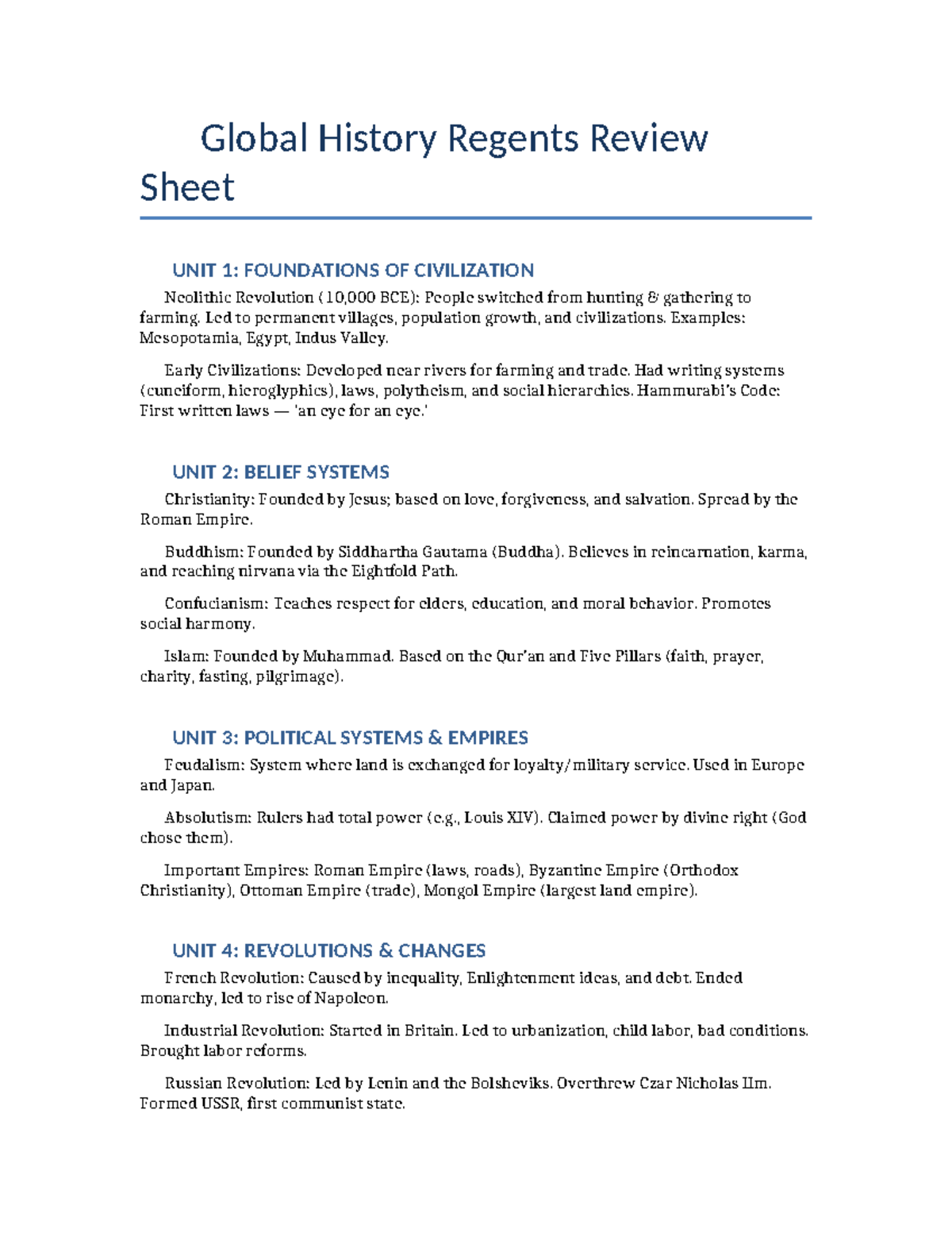 Global History Regents Review Sheet: Foundations to Revolutions - Studocu