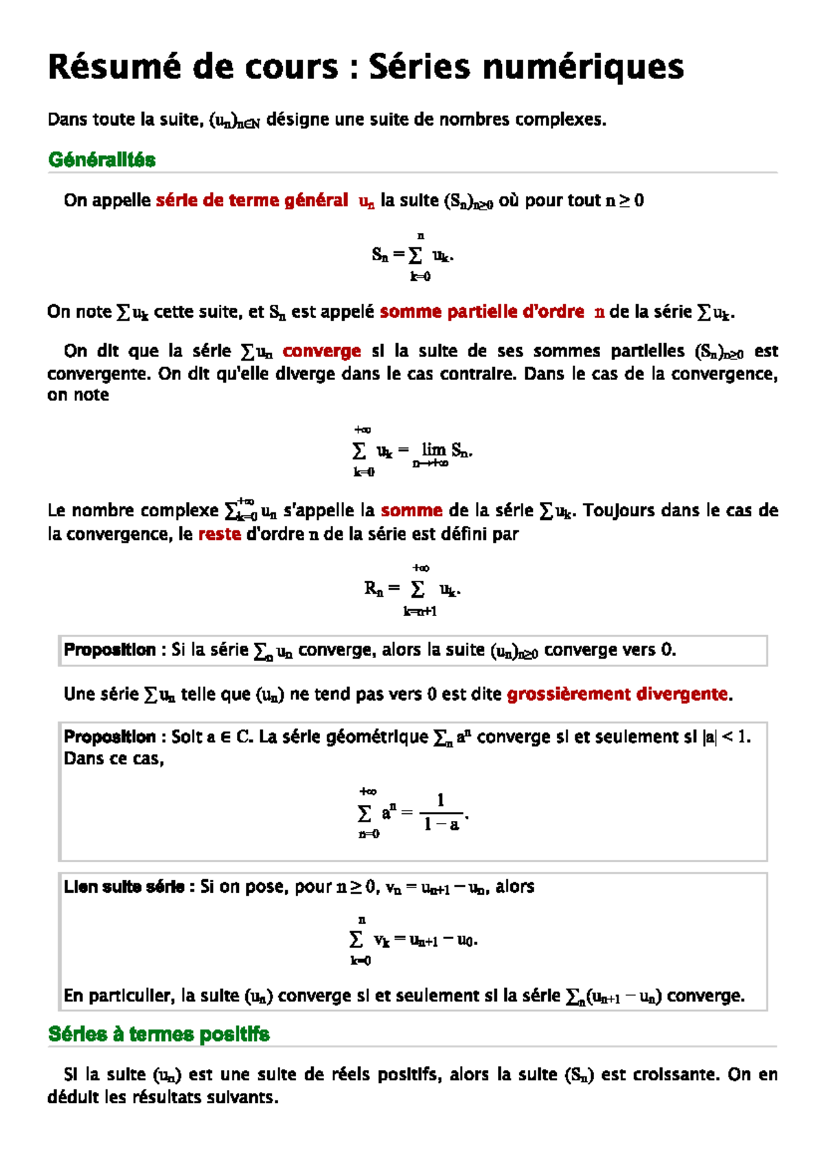 Cours 01 : Séries Numériques - Exemples et Exercices 38-4 - Studocu