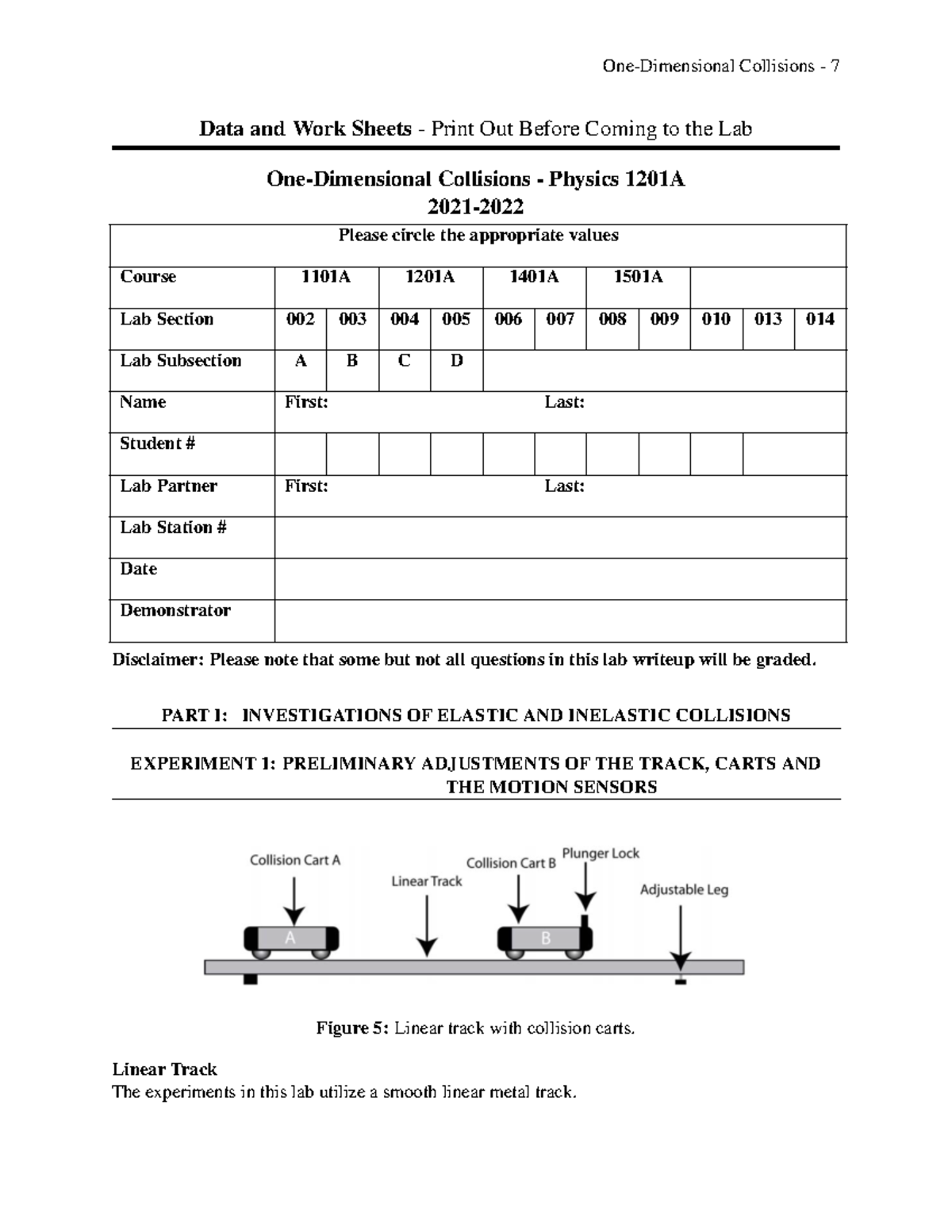 Phys1201 Collisions Worksheets - Data and Work Sheets- Print Out Before ...