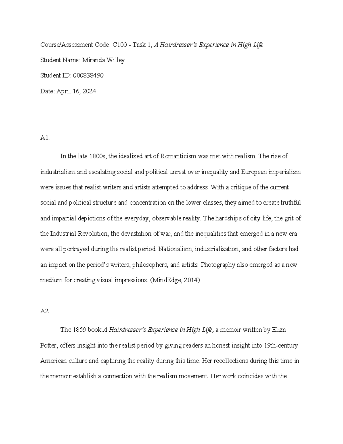 C100 Task 1 - Task 1 - Course/Assessment Code: C100 - Task 1, A ...