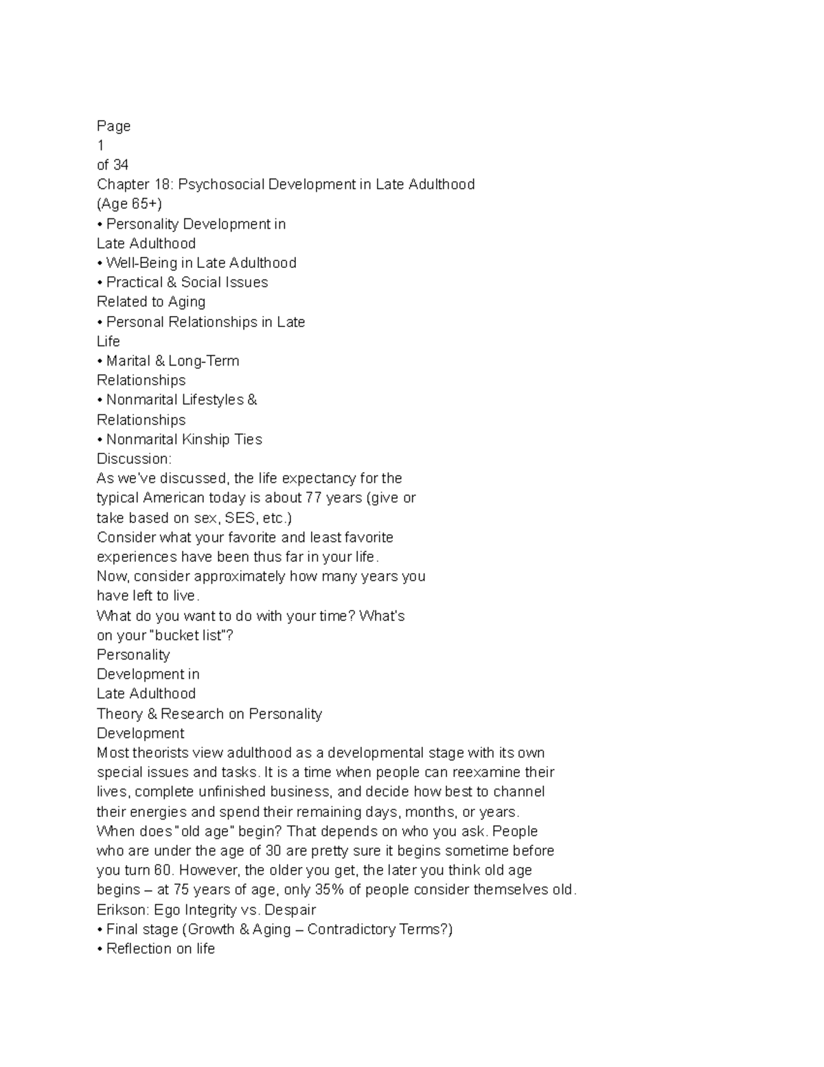 Psychosocial Development in Late Adulthood: Key Issues & Theories - Page 1 of 34 Chapter 18 ...