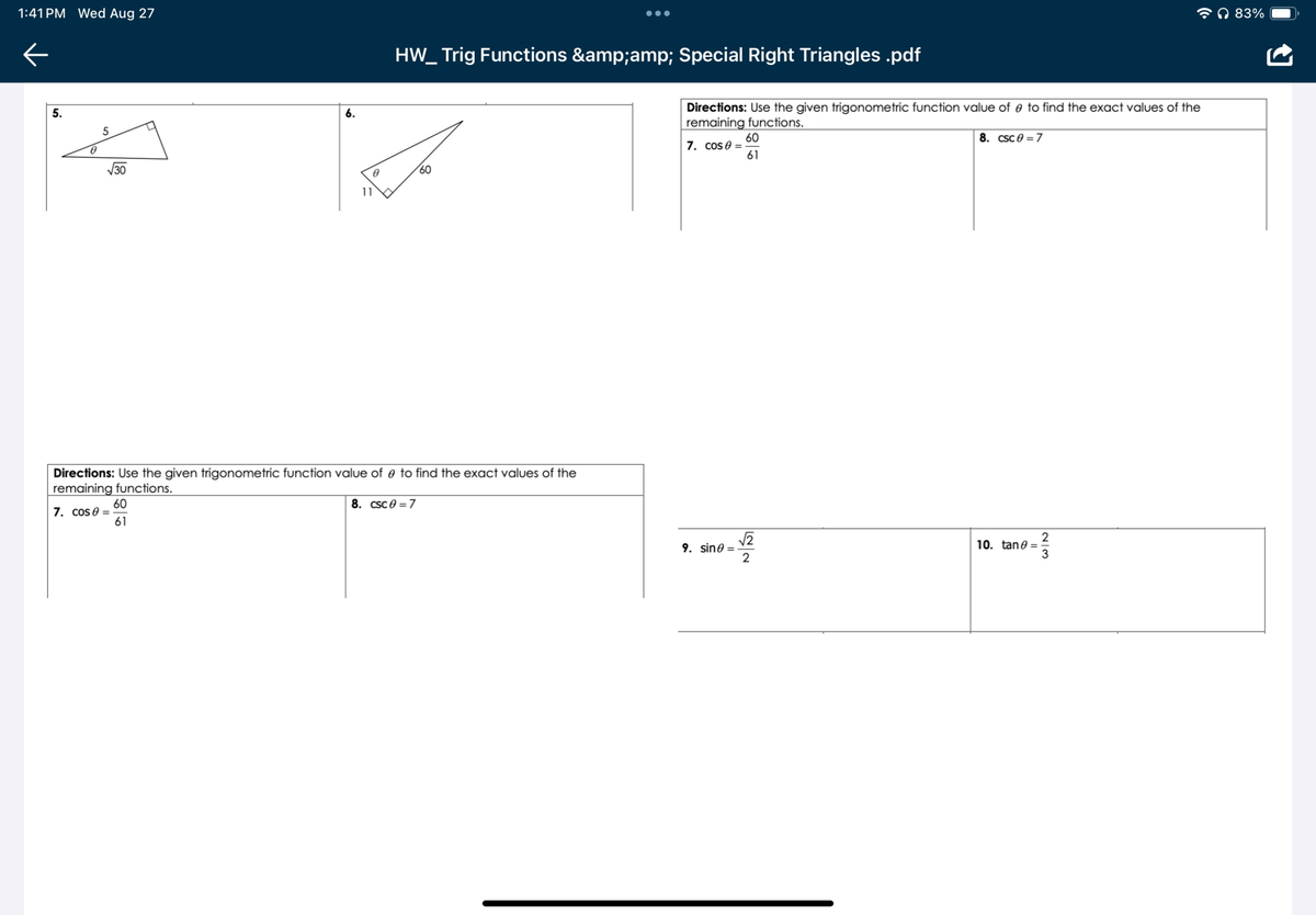 "XYZ 1:41 PM Wed Aug 27: HW on Trig Functions & Special Right Triangles" - Studocu
