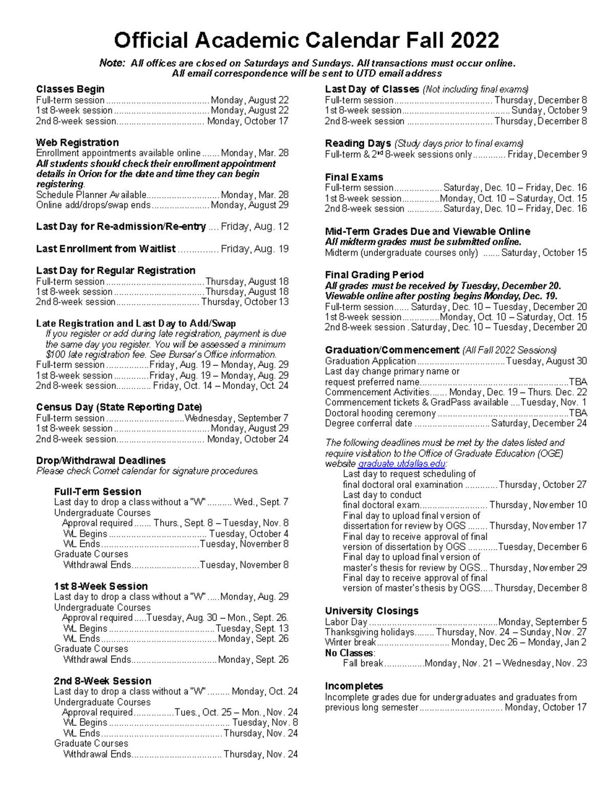 Official Academic Calendar for UTD Fall 2022 Semester - Studocu