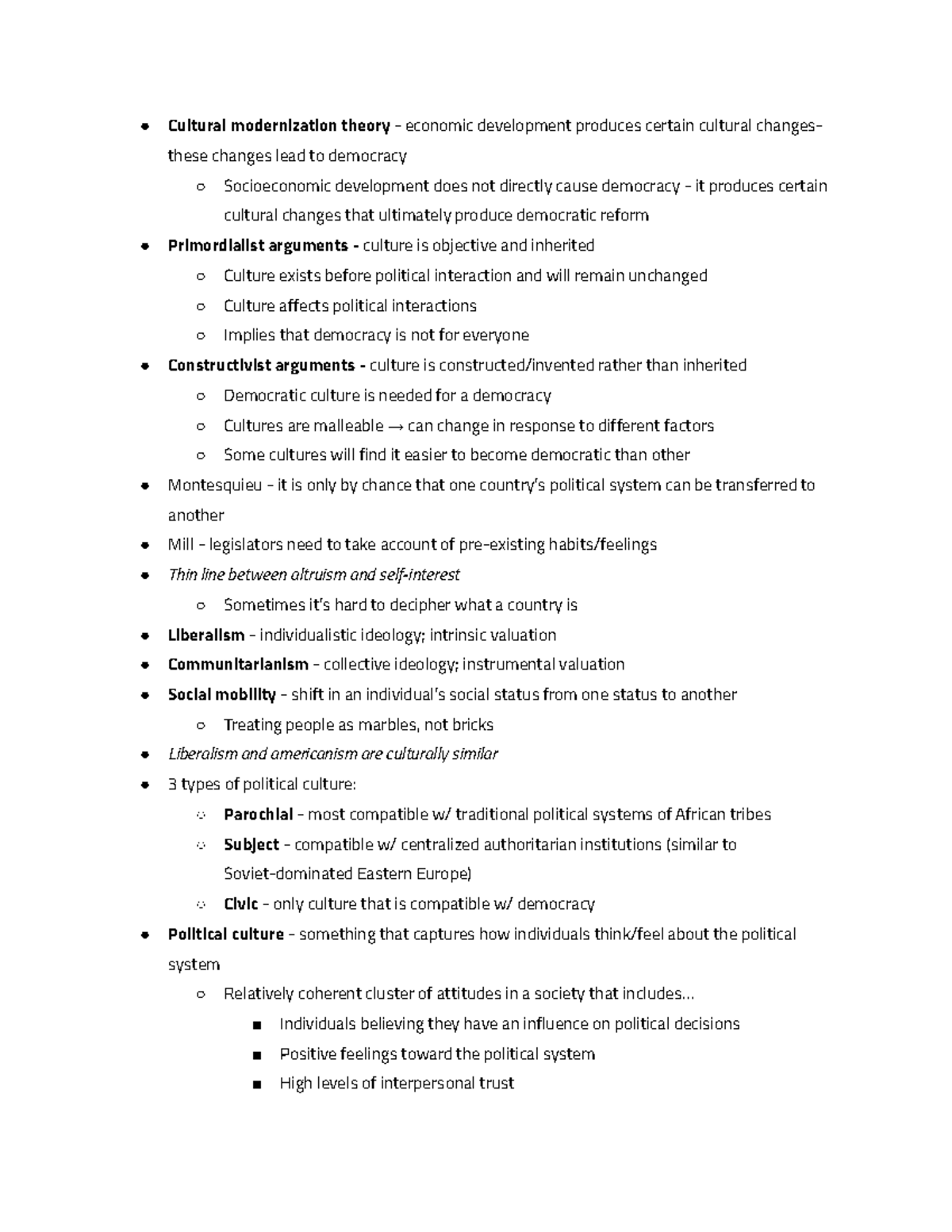 POLS 101: Midterm Study Guide on Political Culture and Modernization ...